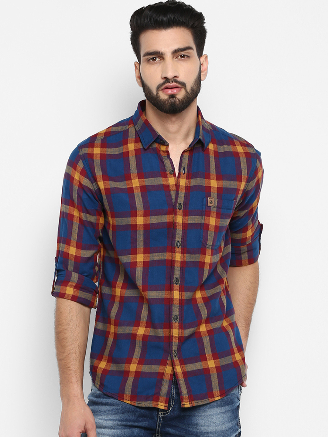 Buy Mufti Men Blue & Red Regular Fit Checked Casual Shirt - Shirts for ...