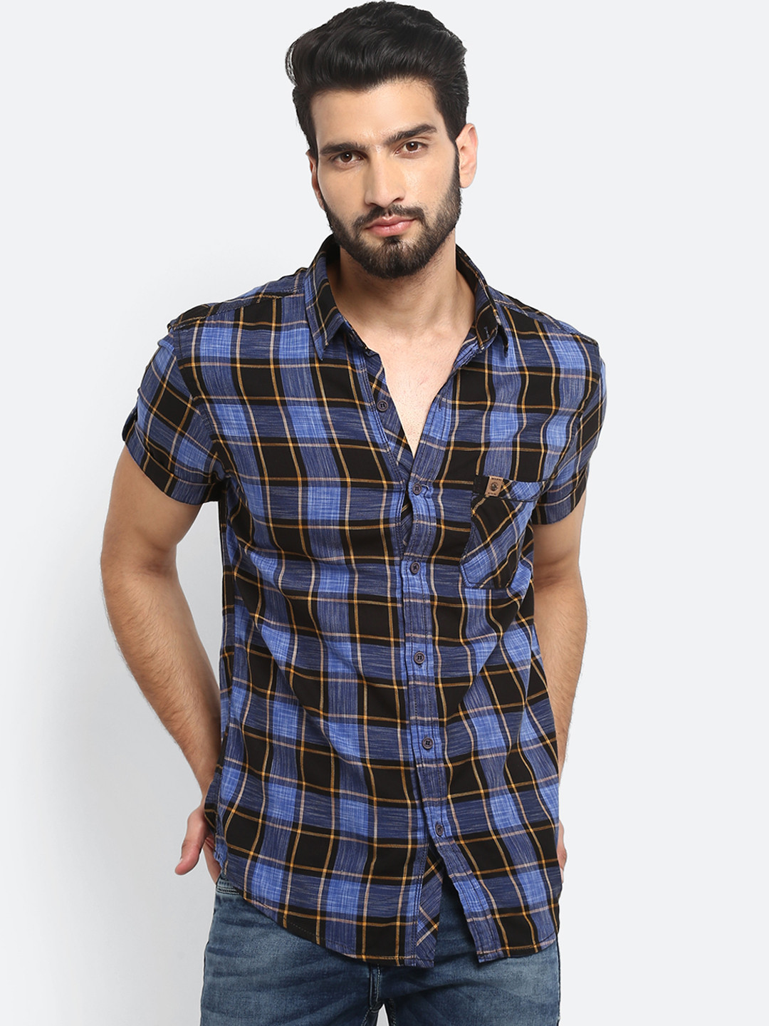 Buy Mufti Men Blue Regular Fit Checked Casual Shirt - Shirts for Men ...