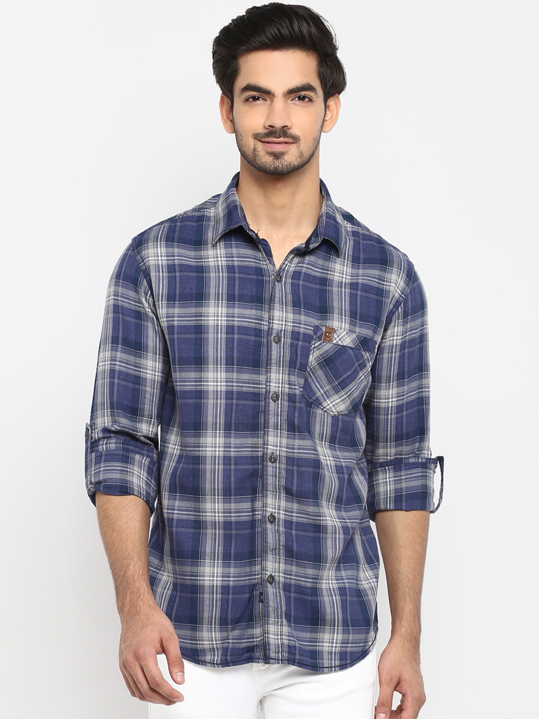 Buy Mufti Men Blue & Grey Regular Fit Checked Casual Shirt - Shirts for ...
