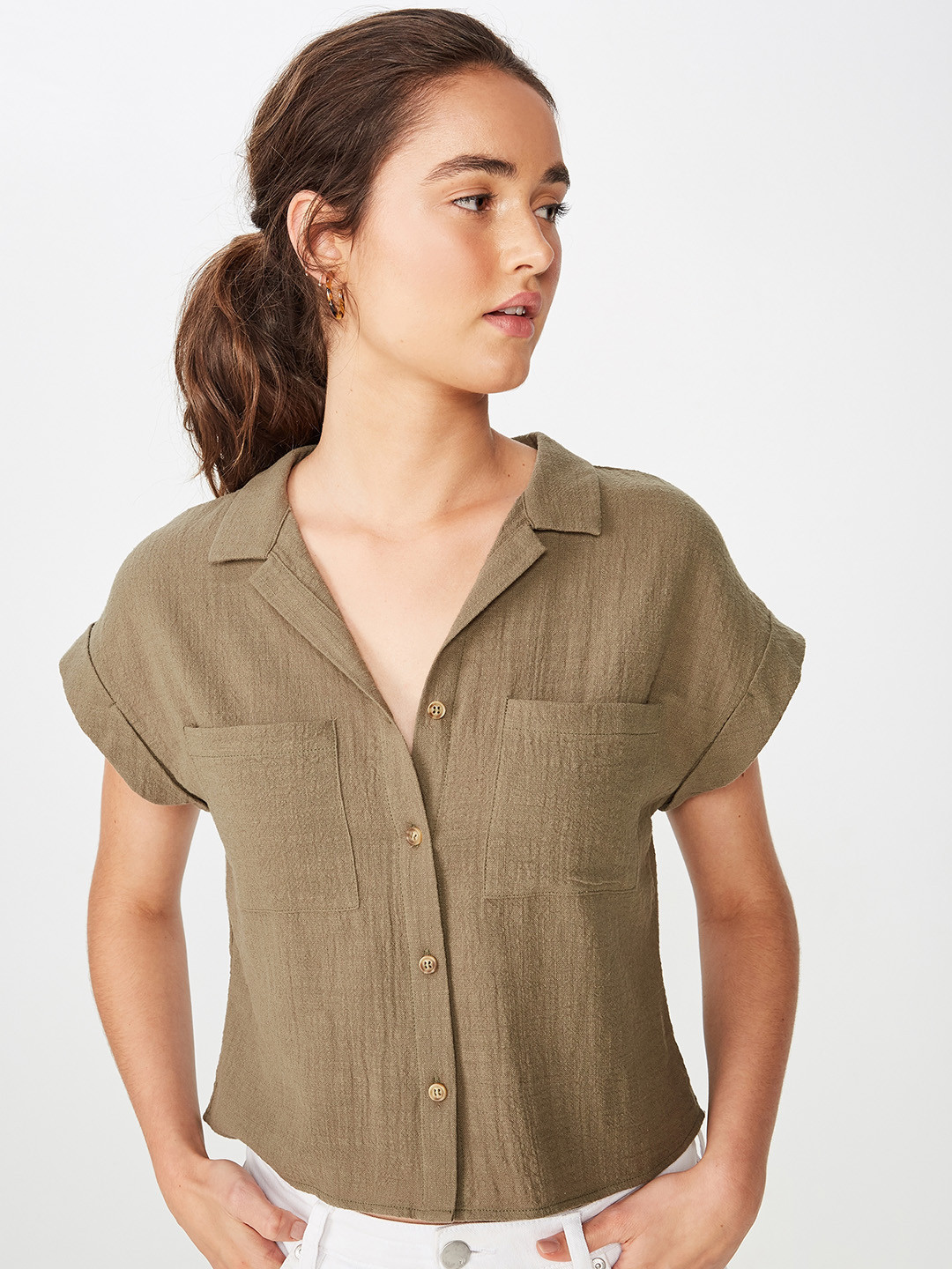 Buy COTTON ON Women Olive Brown Solid Linen Shirt Style Top - Tops for ...