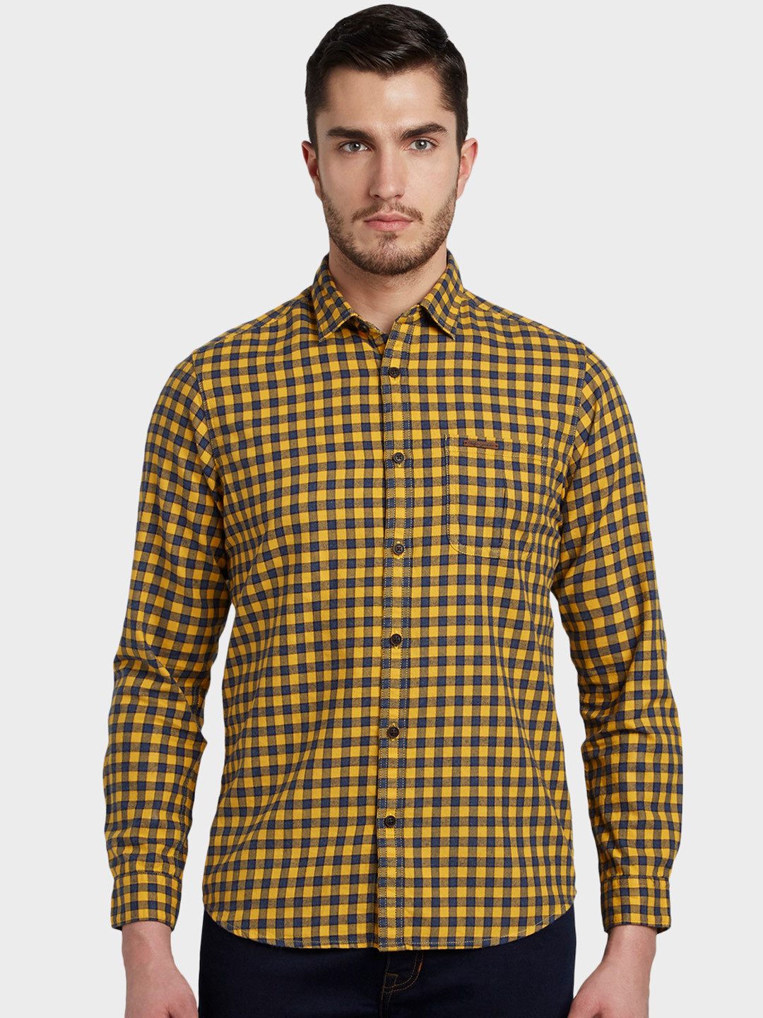 Buy ColorPlus Men Yellow & Blue Regular Fit Checked Casual Shirt ...