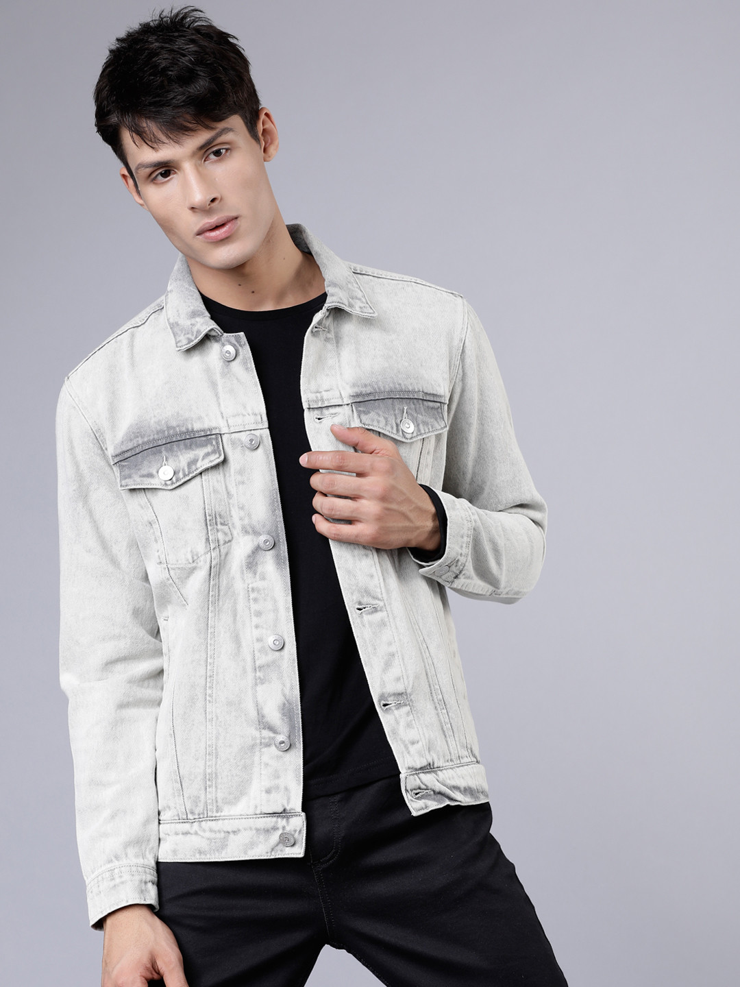 Buy HIGHLANDER Men Grey Washed Denim Jacket - Jackets for Men 10460306 ...