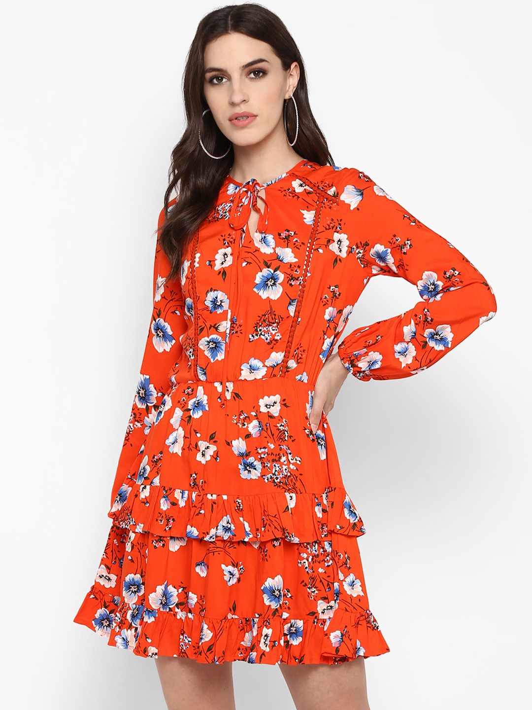 Buy MIAMINX Women Orange Floral Print Fit And Flare Dress - Dresses for ...
