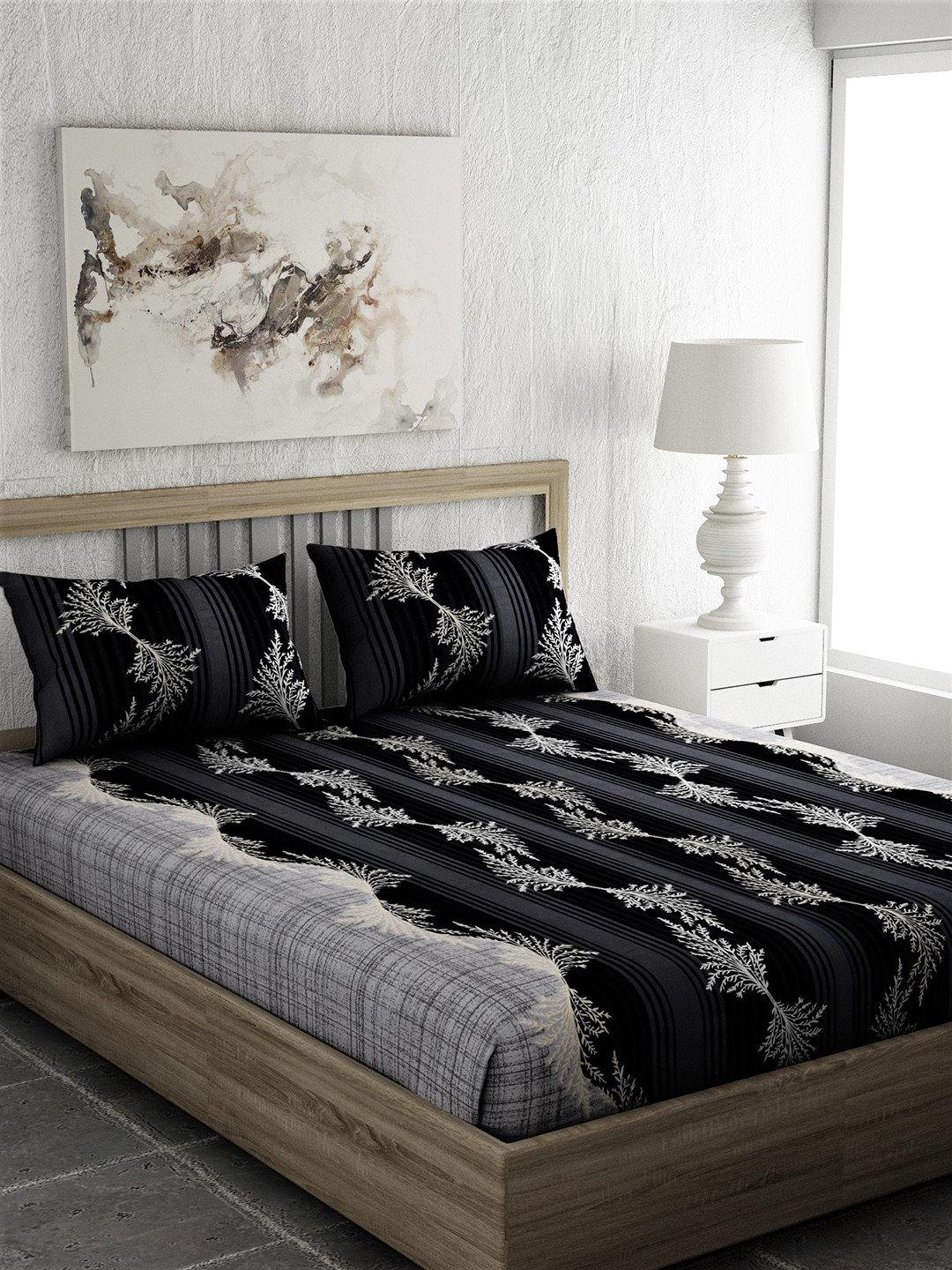 Buy EverHOME Black Striped 250 TC Cotton 1 Queen Bedsheet With 2 Pillow ...