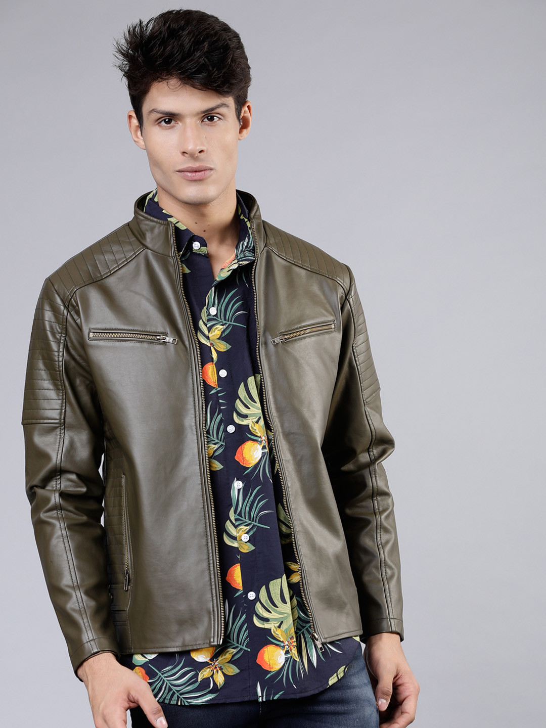 Buy HIGHLANDER Men Olive Green Solid Biker Jacket - Jackets for Men ...