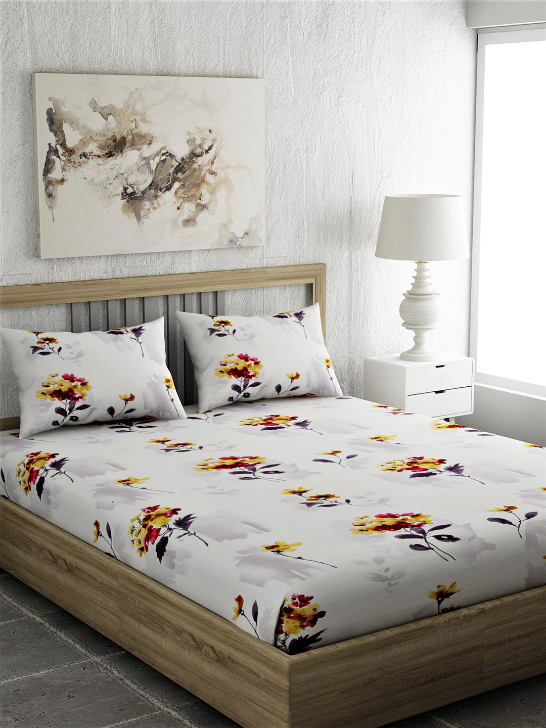 Buy EverHOME Yellow Floral 210 TC Cotton 1 Extra Large Bedsheet With 2 ...