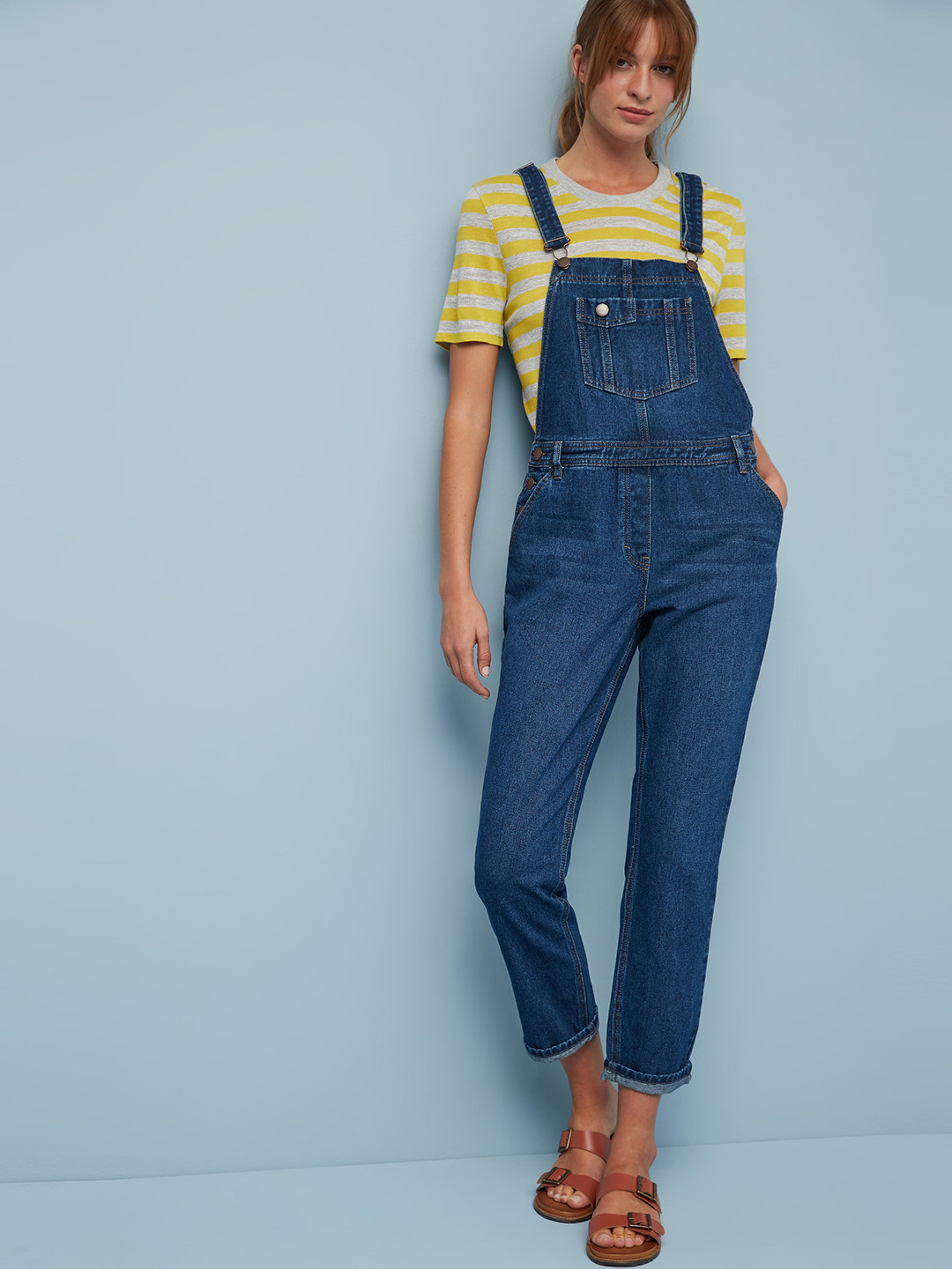 Buy Next Women Blue Solid Straight Leg Denim Dungarees - Dungarees for ...