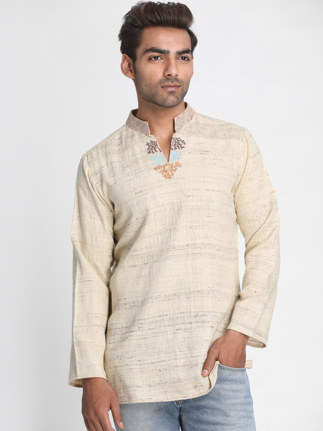 Buy Nakshi Men Beige Solid Matka Silk Straight Kurta - Kurtas for Men ...
