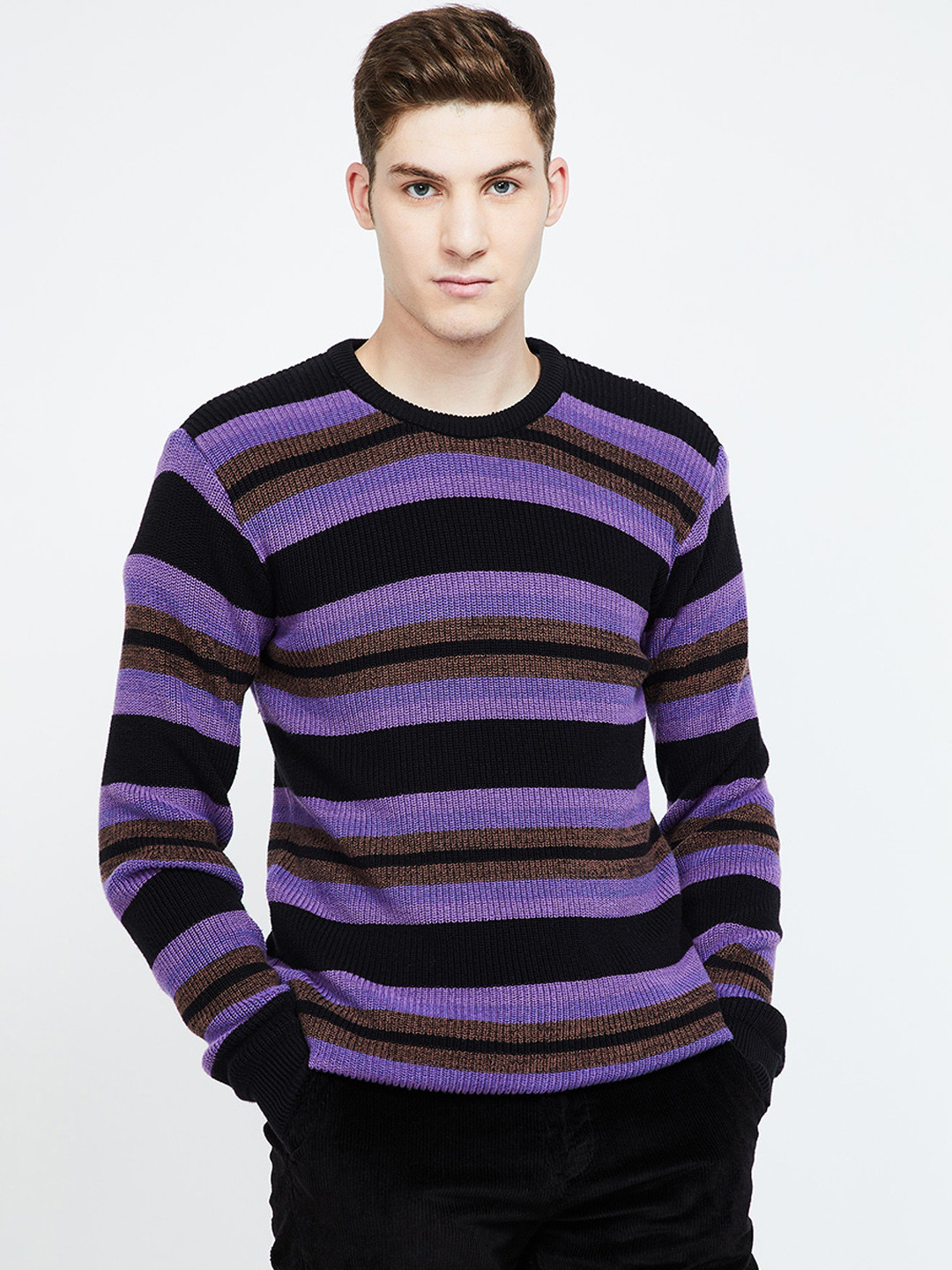 Buy Bossini Men Purple & Black Striped Sweater - Sweaters for Men ...