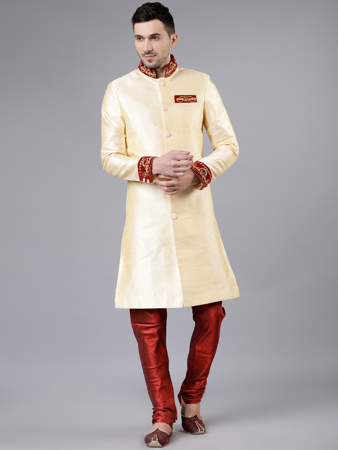 Buy Svanik Men Cream Coloured Solid Sherwani Set - Sherwani for Men ...