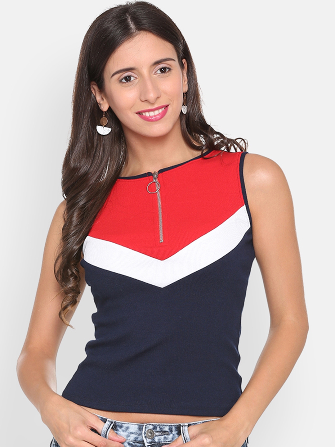Buy People Women Navy Blue And Red Colourblocked Top Tops For Women