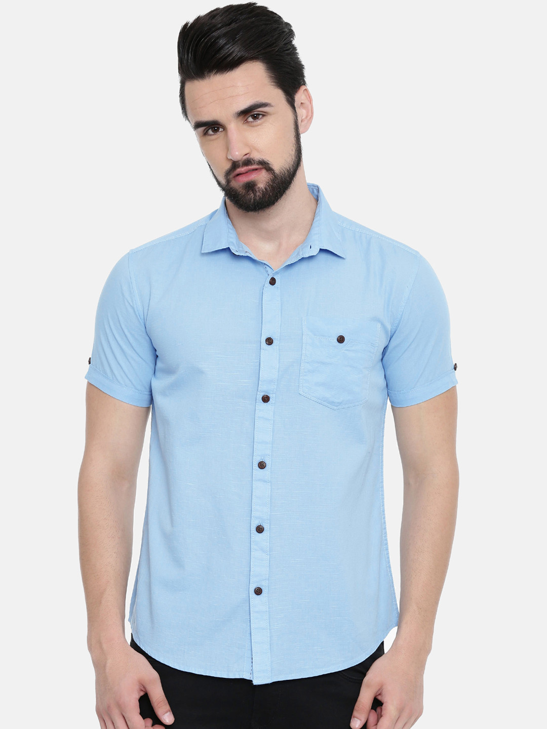 Buy IMYOUNG Men Turquoise Blue Slim Fit Solid Casual Shirt - Shirts for ...
