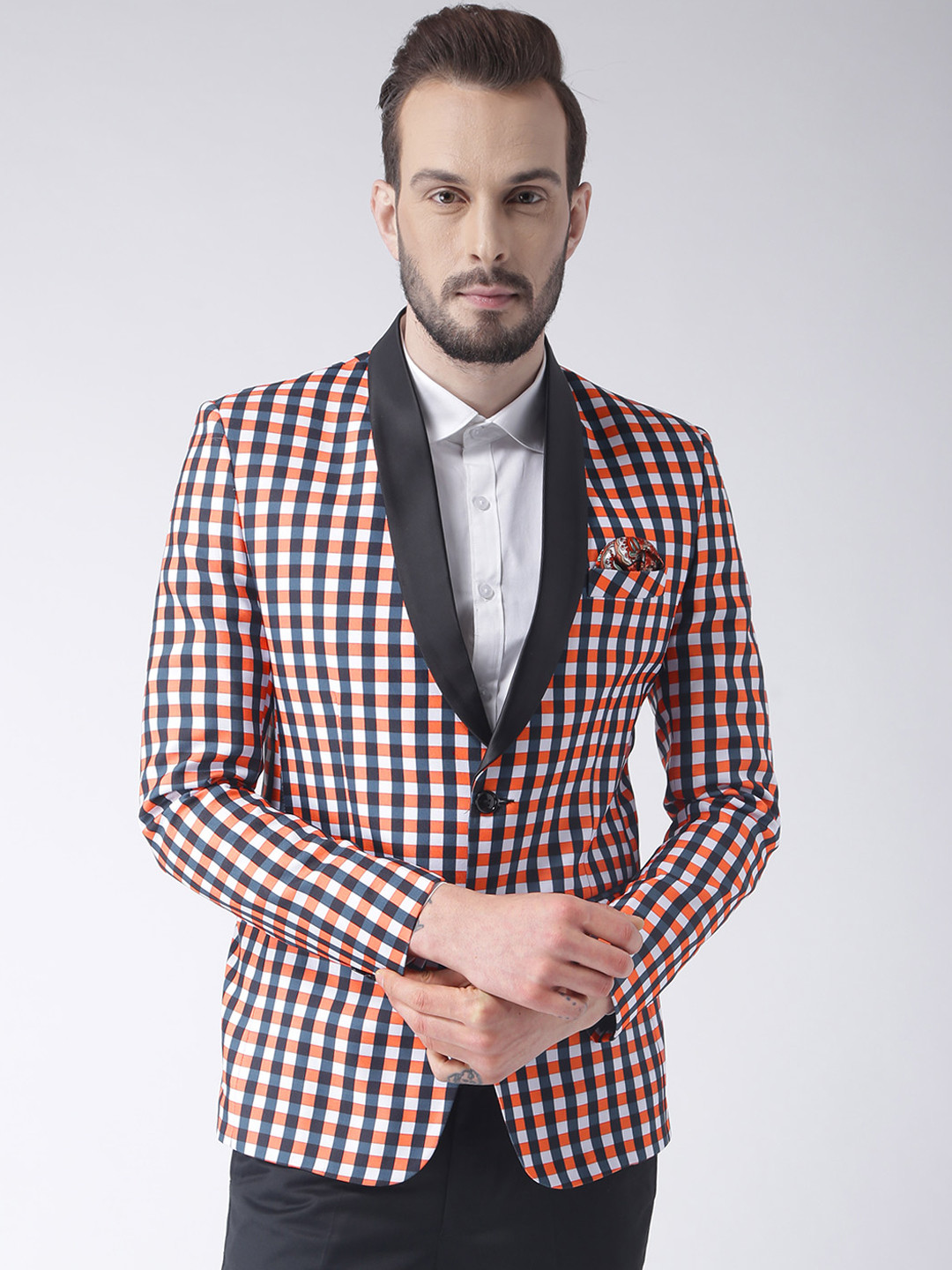 Buy Hangup Men Black And Orange Checked Tuxedo Regular Fit Formal ...