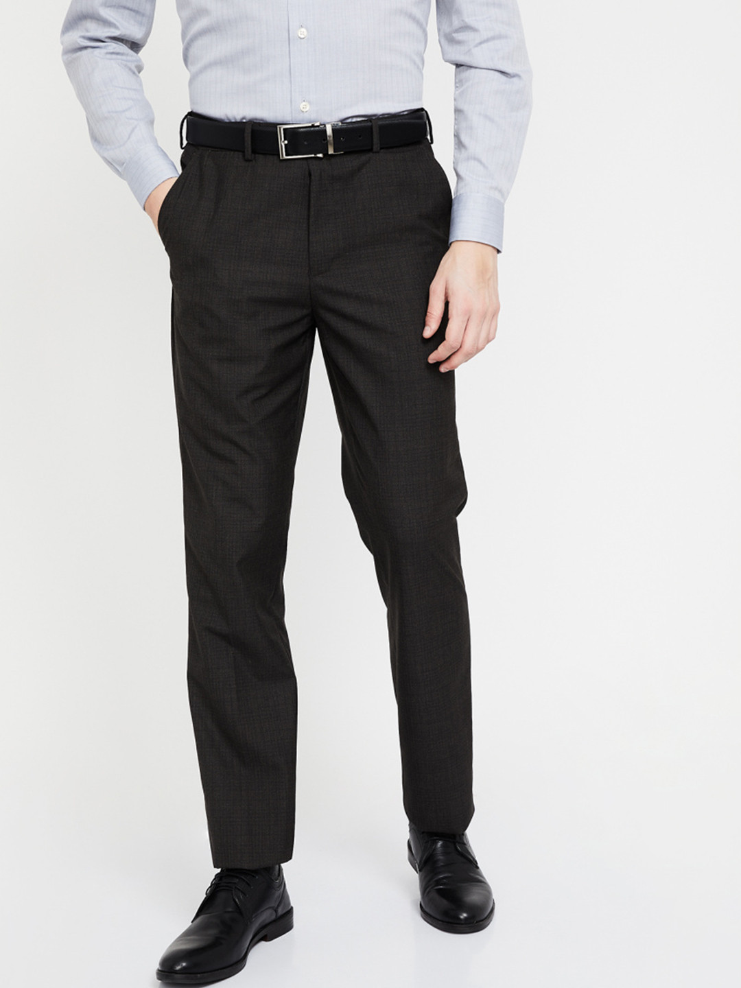 Buy CODE By Lifestyle Men Charcoal Black Slim Fit Solid Formal Trousers ...