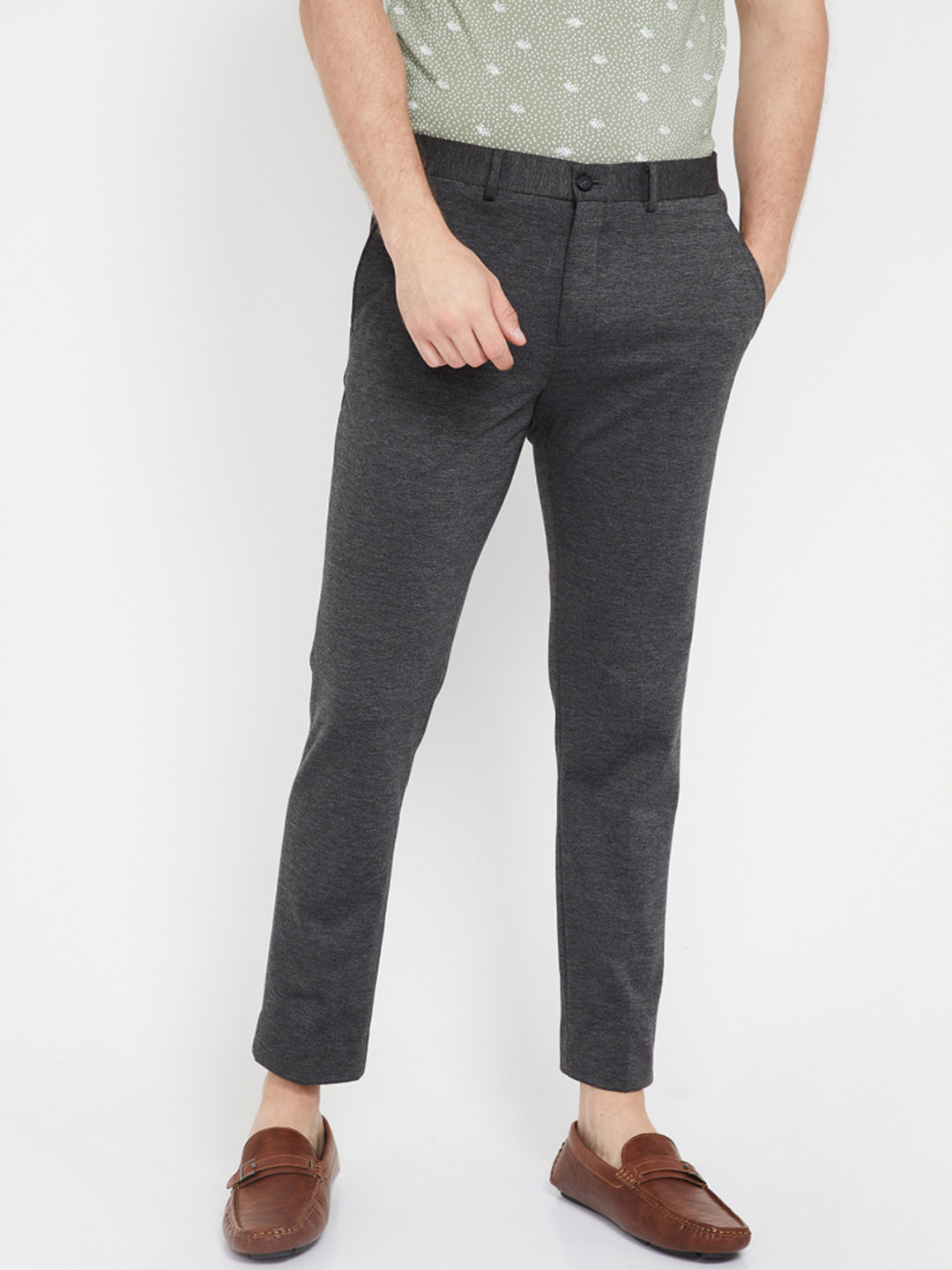 Buy CODE By Lifestyle Men Charcoal Grey Skinny Fit Solid Trousers ...