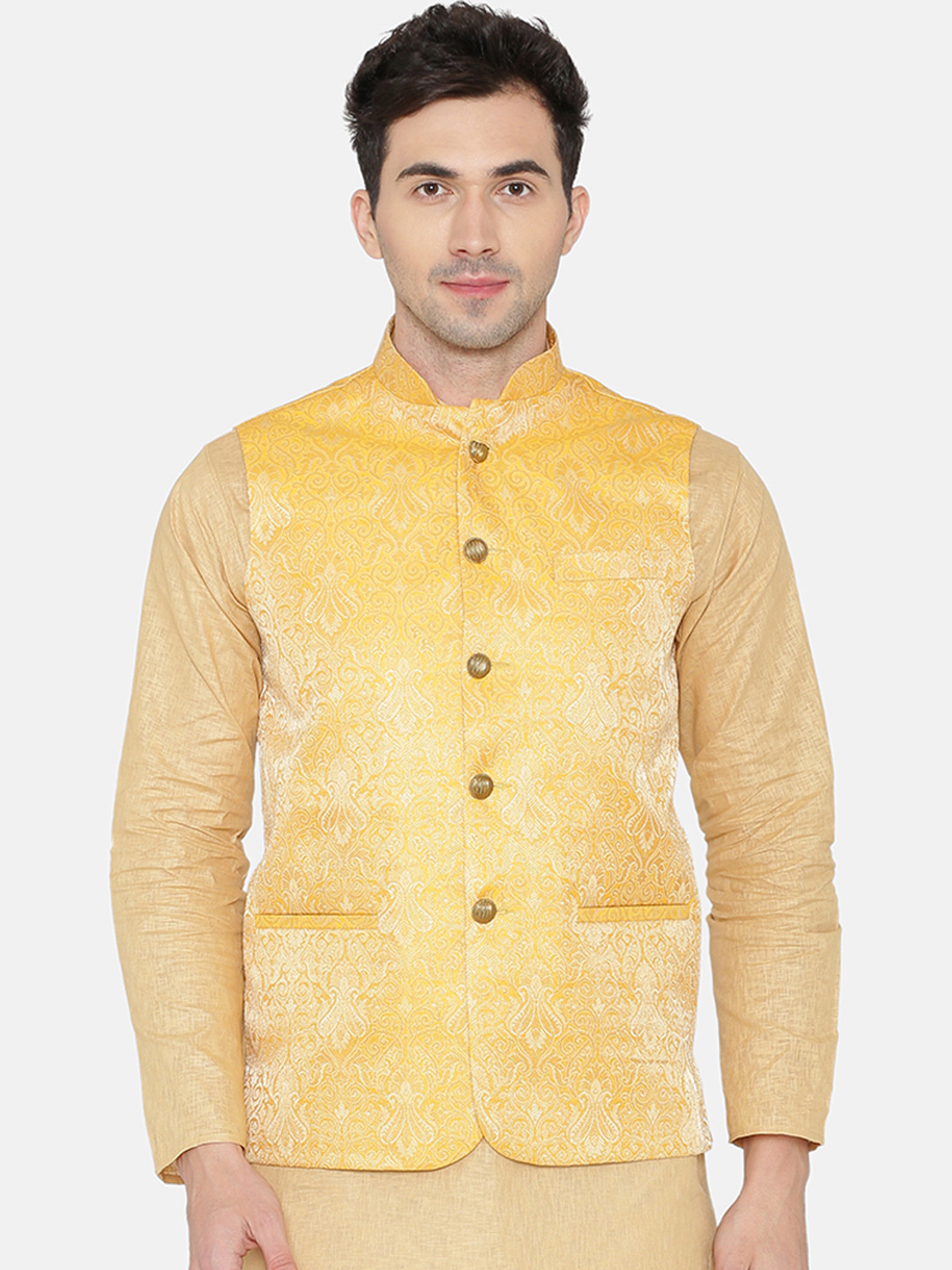 Buy Wintage Men Yellow Woven Design Nehru Jacket - Nehru Jackets for ...
