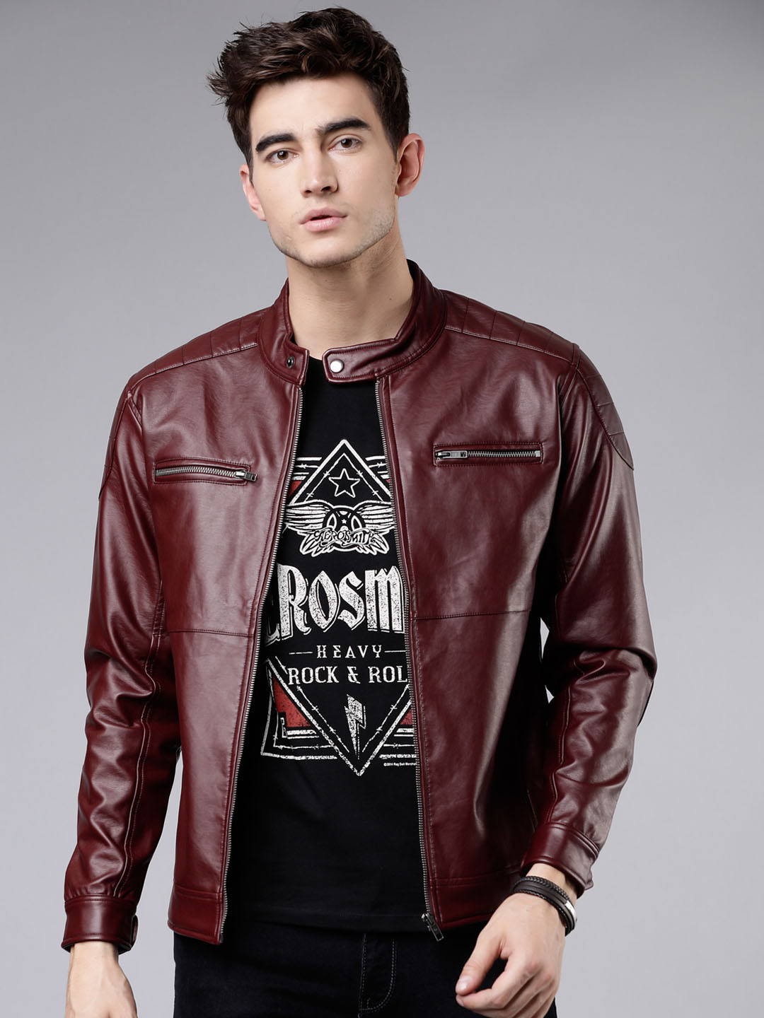 Buy HIGHLANDER Men Burgundy Solid Leather Jacket - Jackets for Men ...