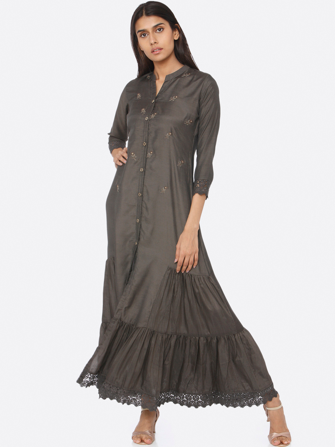 Buy RAISIN Women Grey Embroidered Maxi Dress - Dresses for Women ...