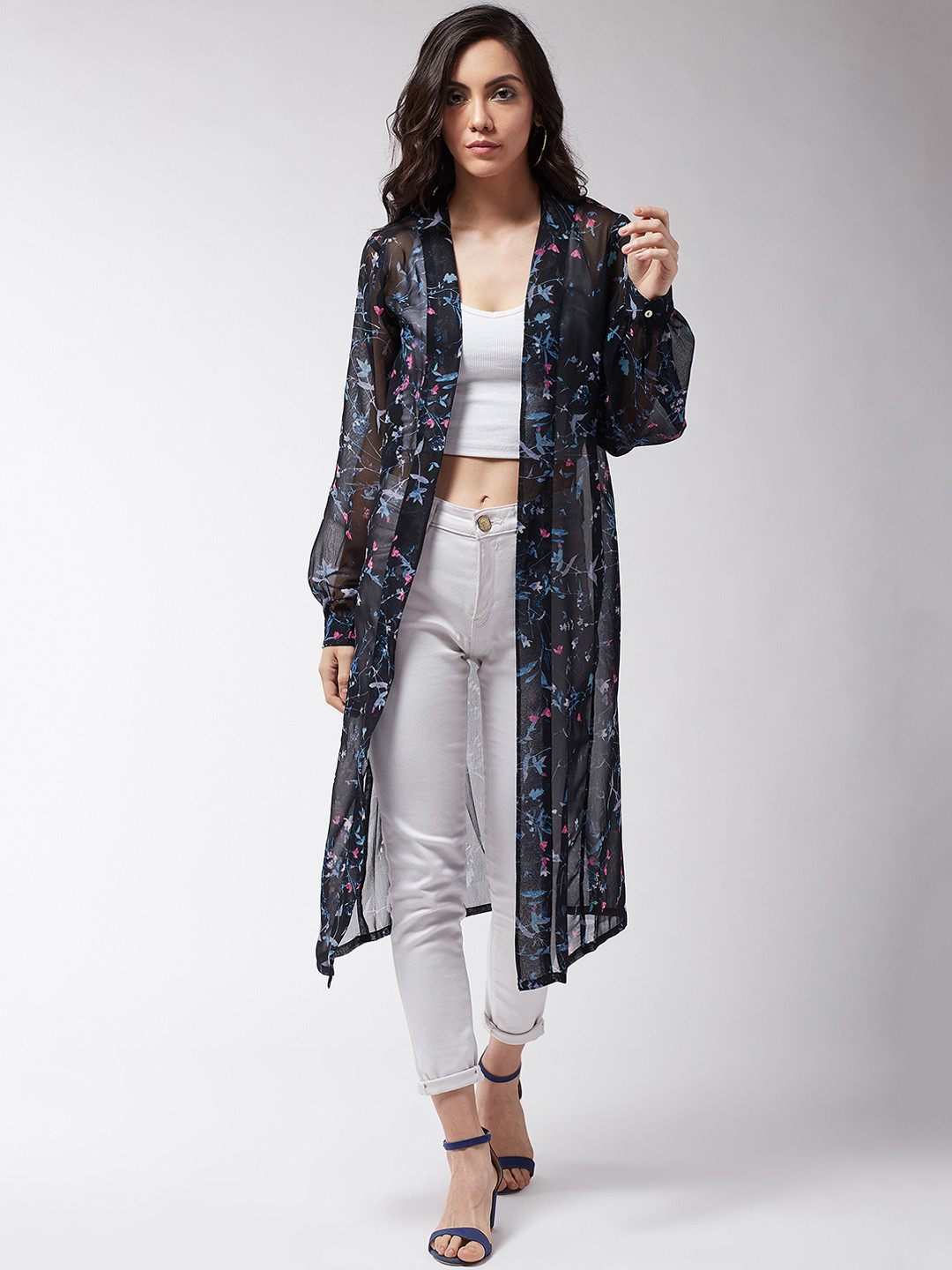 Buy MAGRE Women Navy Blue Printed Open Front Shrug - Shrug for Women ...