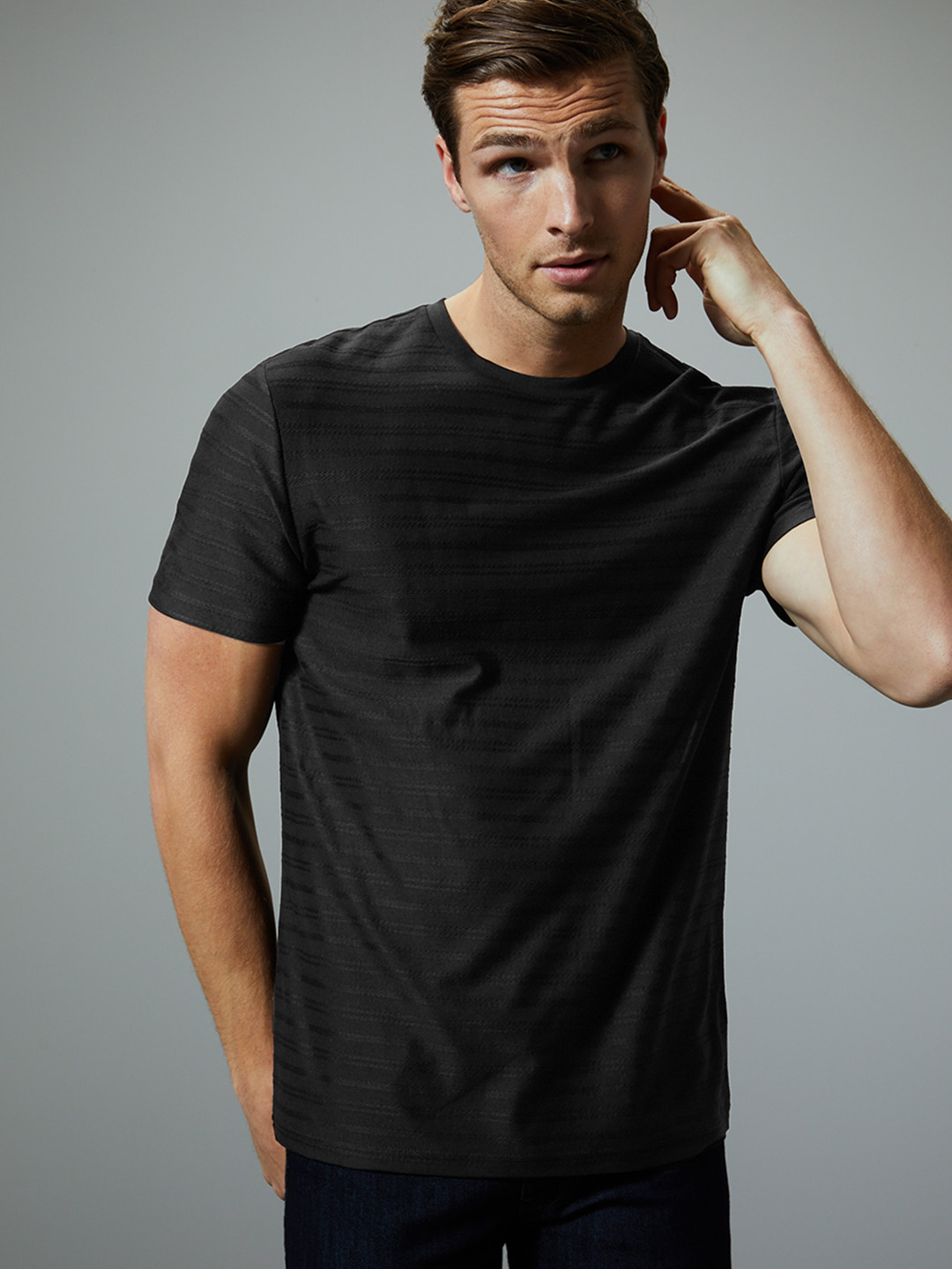 Buy Marks Spencer Men Black Self Design Round Neck Pure Cotton T Shirt ...