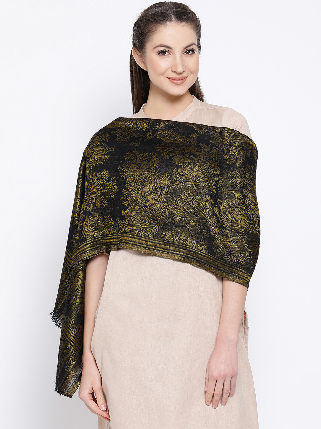 Buy SHINGORA Women Black & Gold Coloured Woven Design Stole - Stoles ...