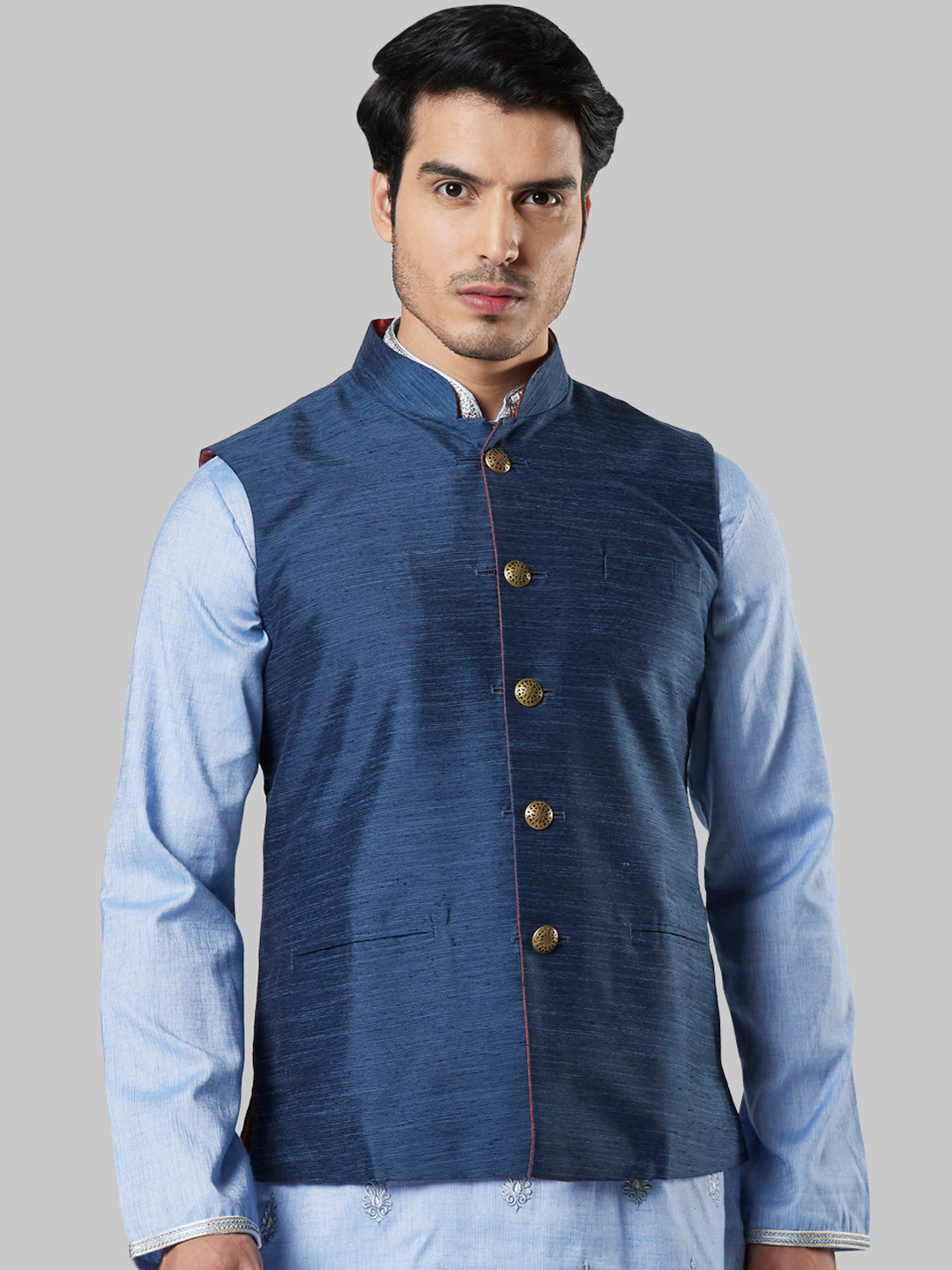Buy Ethnix By Raymond Men Blue Solid Nehru Jacket - Nehru Jackets for ...