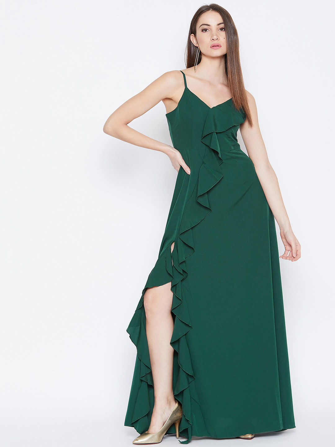 Buy Berrylush Women Green Solid Ruffled Maxi Dress - Dresses for Women ...