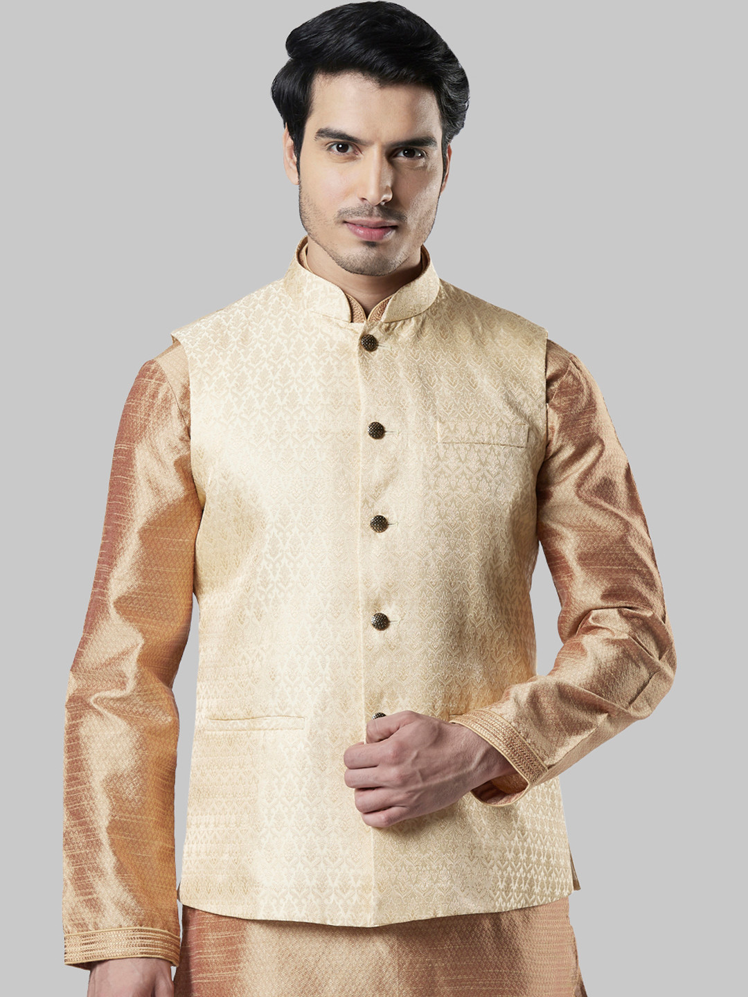 Buy Ethnix By Raymond Men Gold Coloured Woven Design Nehru Jacket ...