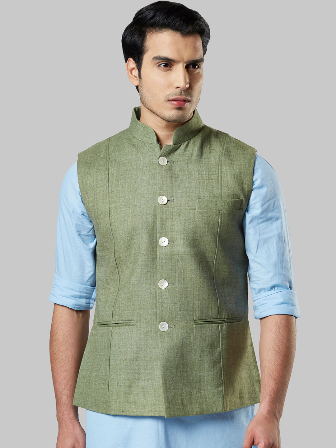 Buy Ethnix By Raymond Men Green Solid Nehru Jacket - Nehru Jackets for ...