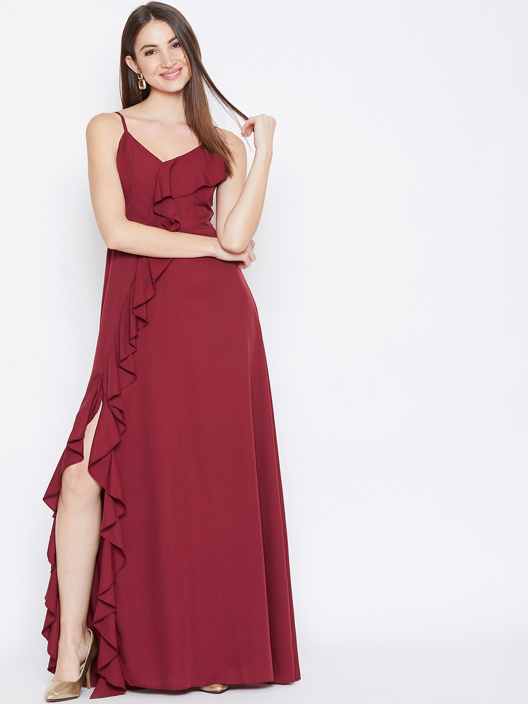 Buy Berrylush Women Maroon Solid Ruffled Maxi Dress - Dresses for Women ...