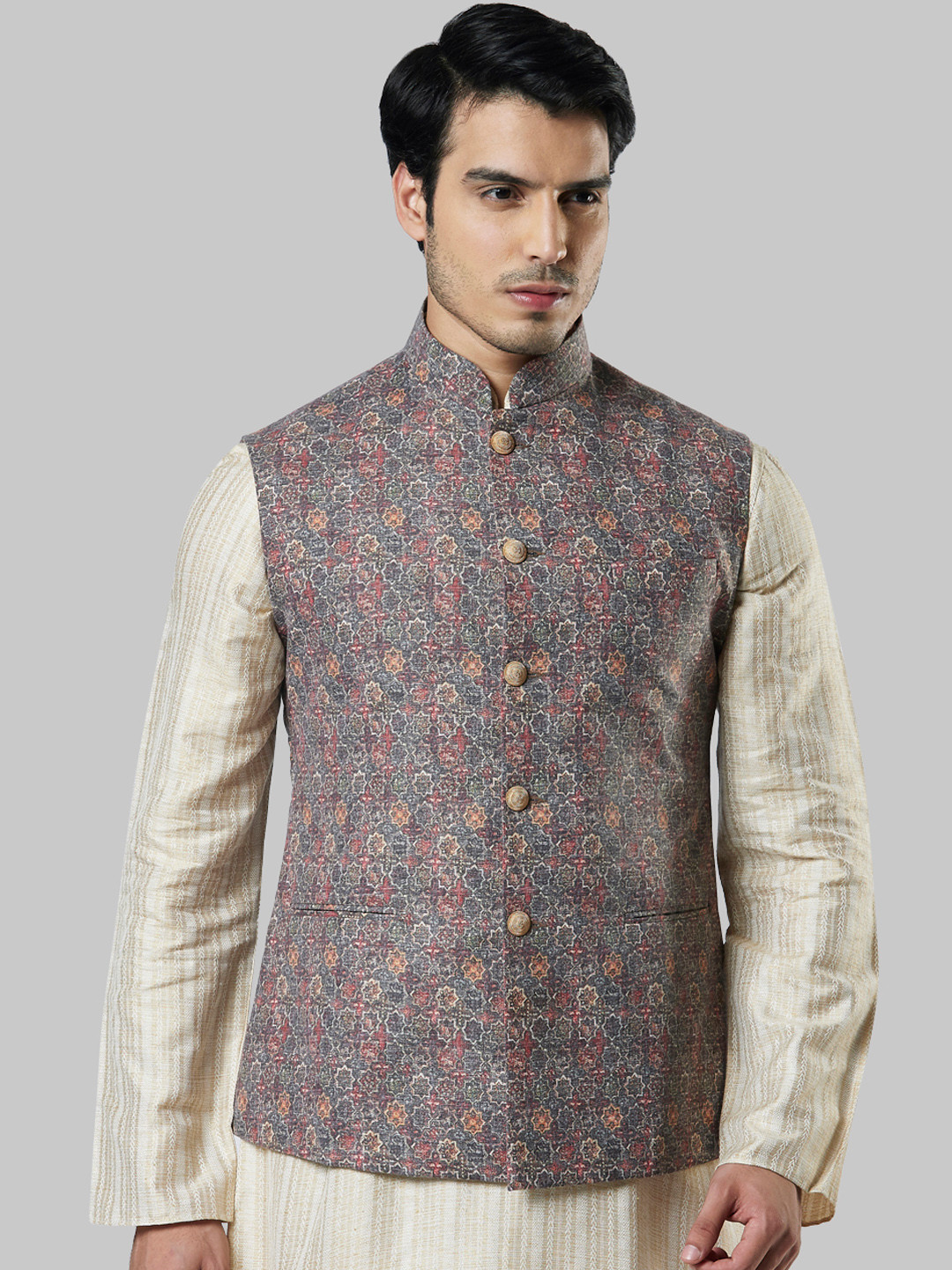 Buy Ethnix By Raymond Men Multicoloured Printed Nehru Jacket - Nehru ...