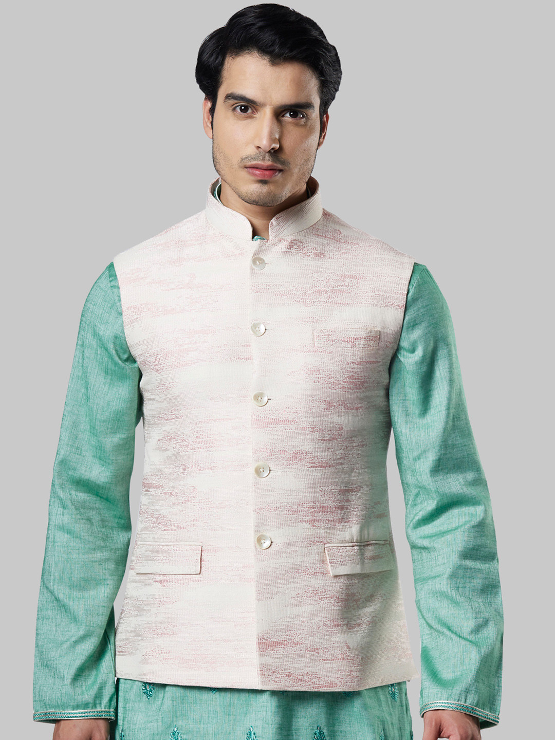 Buy Ethnix By Raymond Men White & Pink Woven Design Nehru Jacket ...