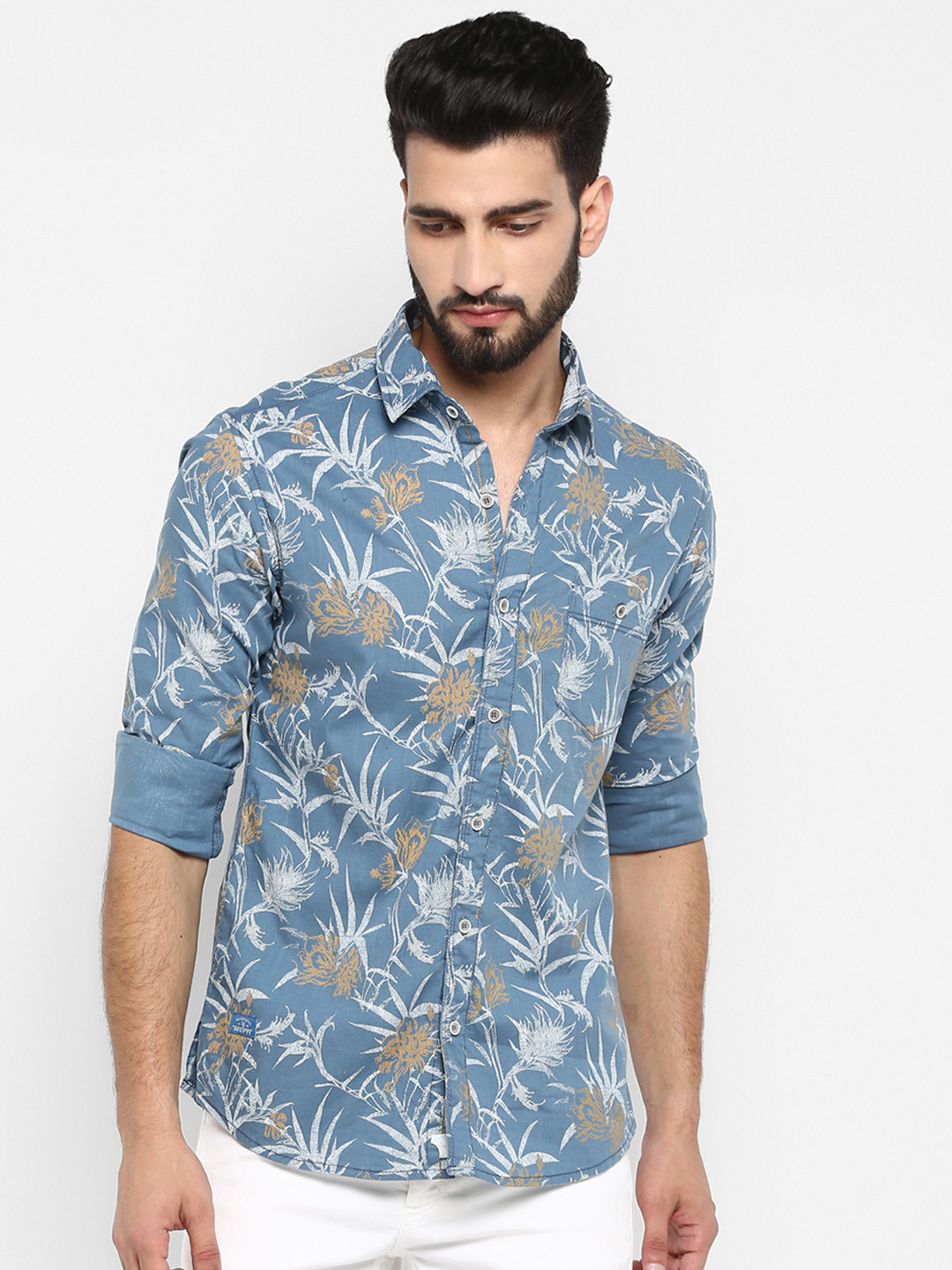 Buy Mufti Men Blue Slim Fit Printed Casual Shirt - Shirts for Men ...