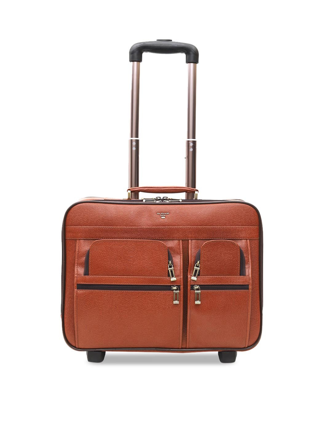 Buy Da Milano Unisex Tan Brown Solid Leather Overnighter Trolley Bag ...