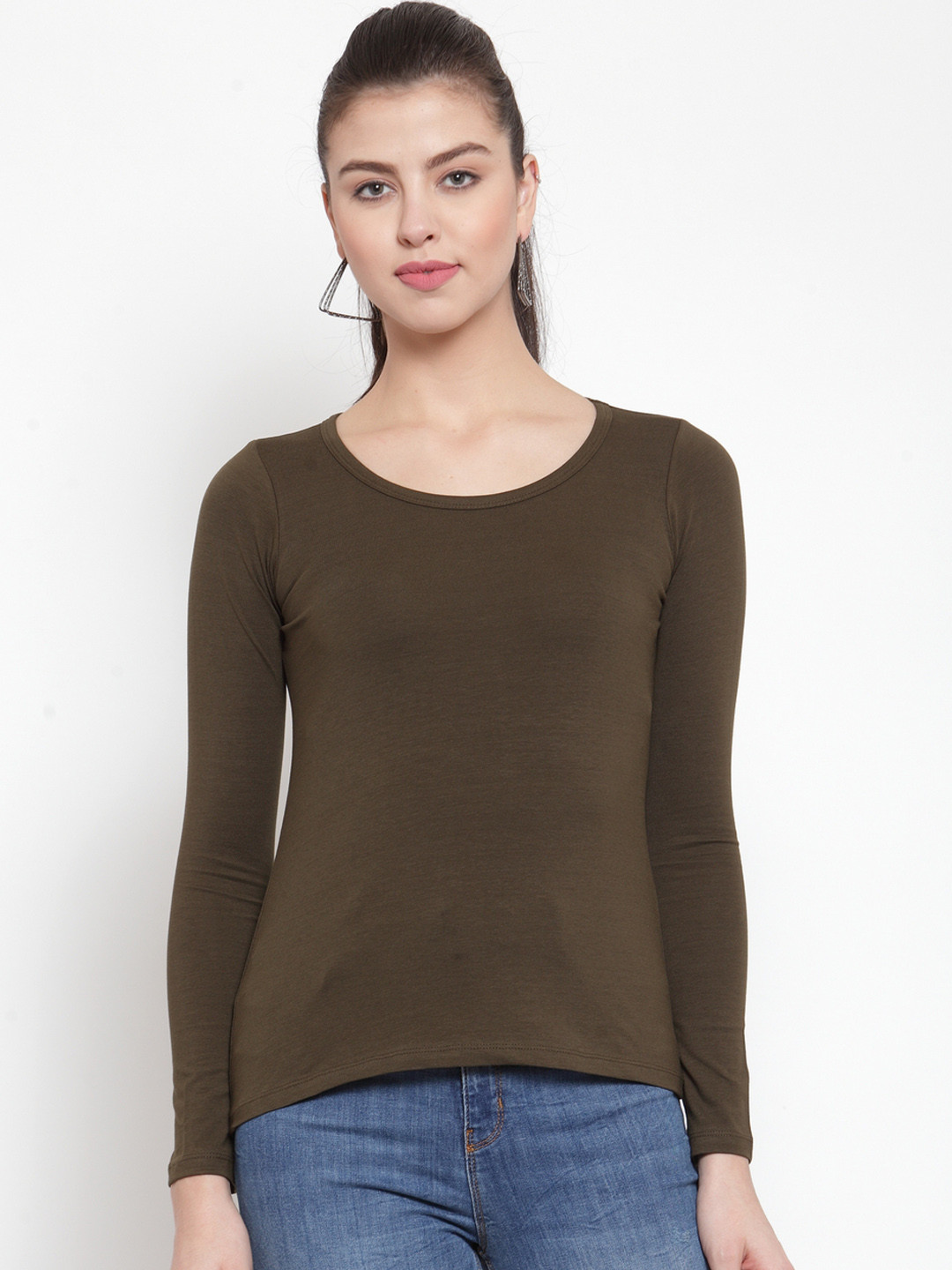 Buy Everlush Women Olive Green Solid Round Neck Cotton T Shirt ...