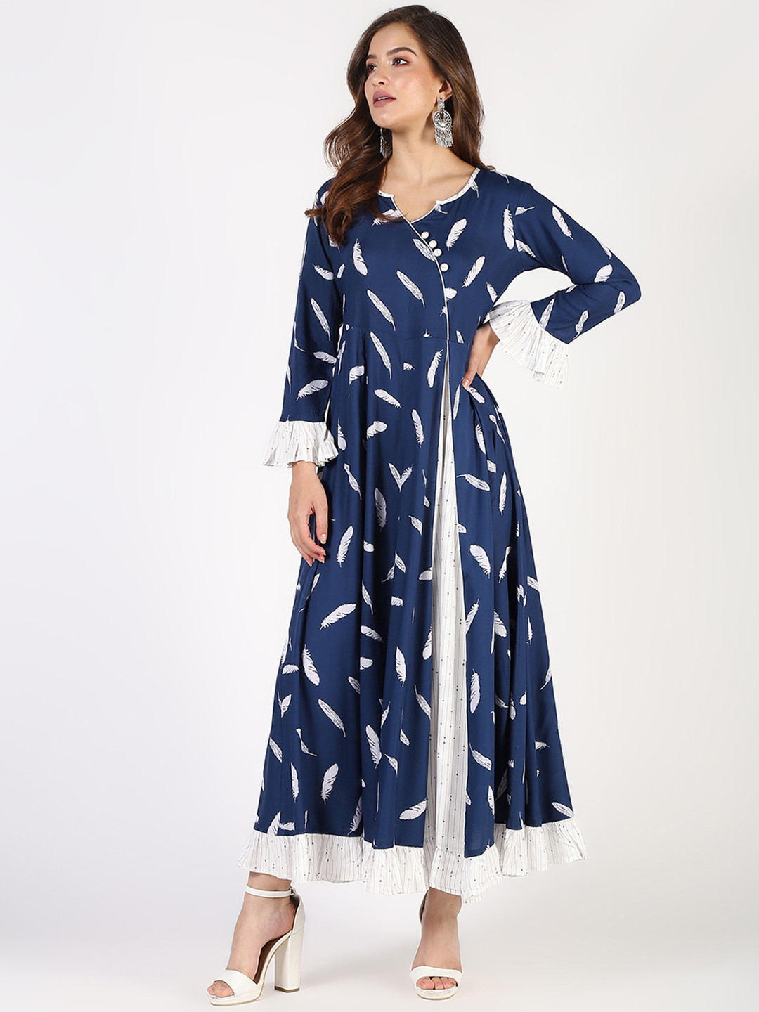 Buy TARA C TARA Women Feather Printed Blue Maxi Dress - Dresses for ...