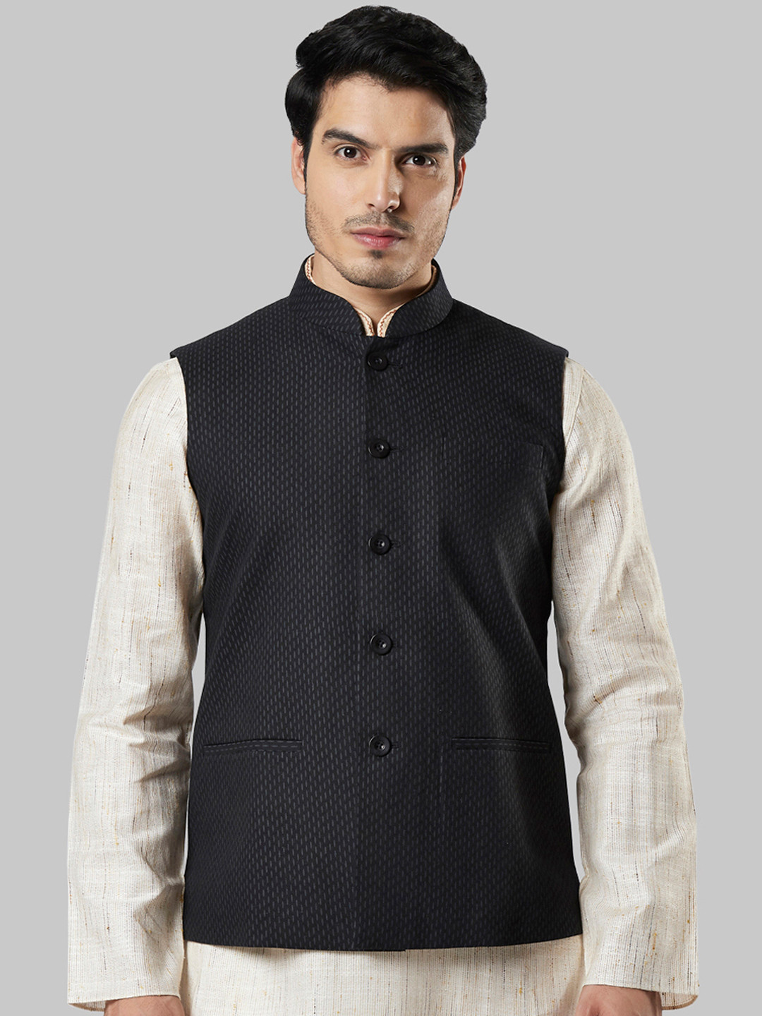 Buy Ethnix By Raymond Men Black Woven Design Pure Cotton Nehru Jacket ...