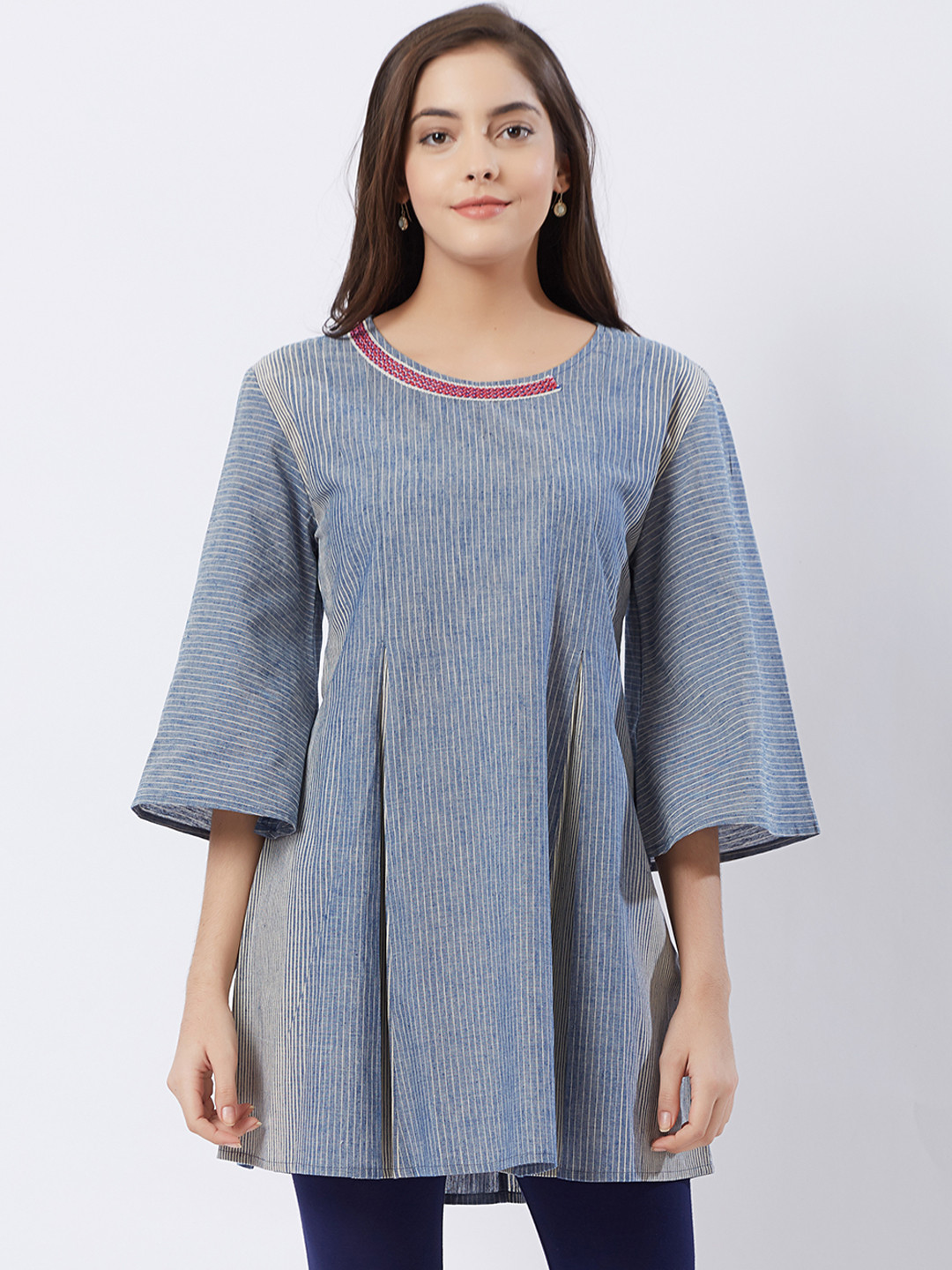 Buy Fusion Beats Blue & Off White Striped A Line Tunic - Tunics for ...
