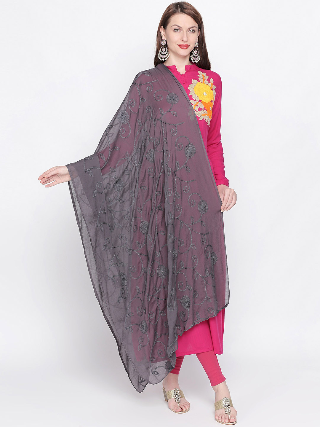 Buy Dupatta Bazaar Grey Embroidered Chiffon Dupatta - Dupatta for Women ...