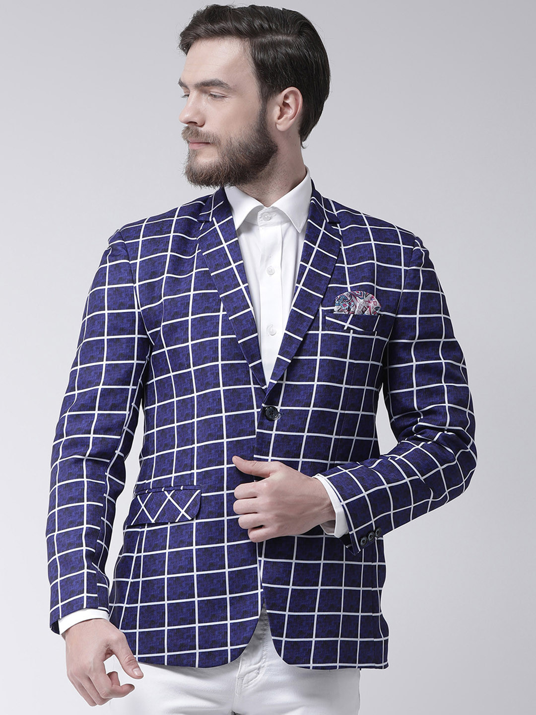 Buy Hangup Men Blue & White Checked Single Breasted Casual Blazer ...