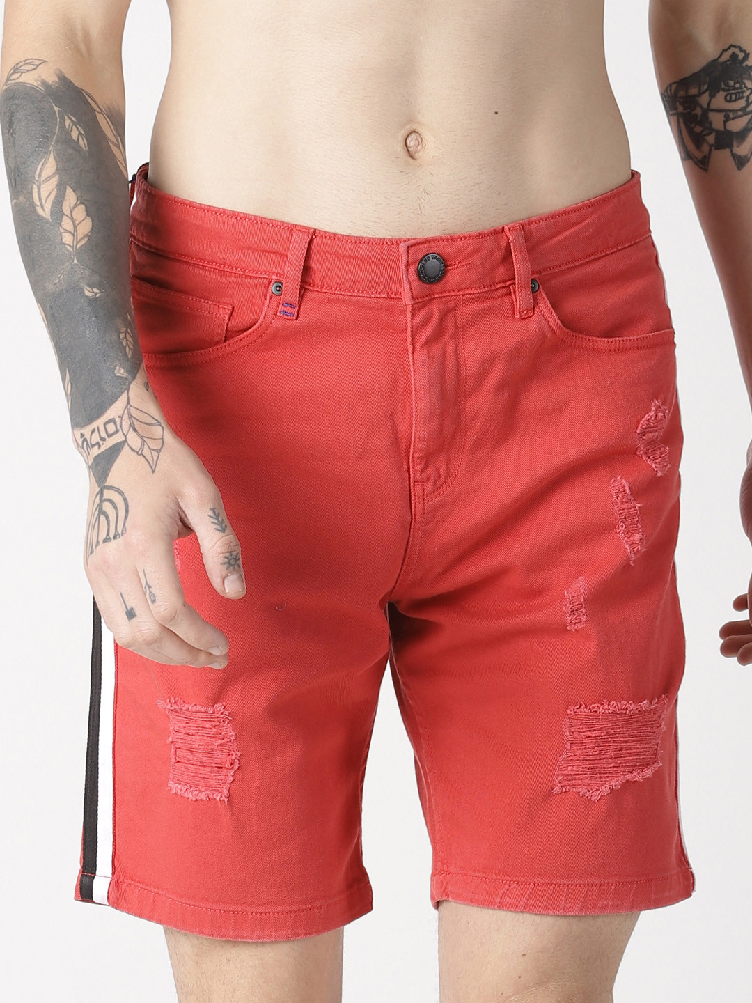 Buy Blue Saint Men Red Solid Slim Fit Distressed Denim Shorts - Shorts ...