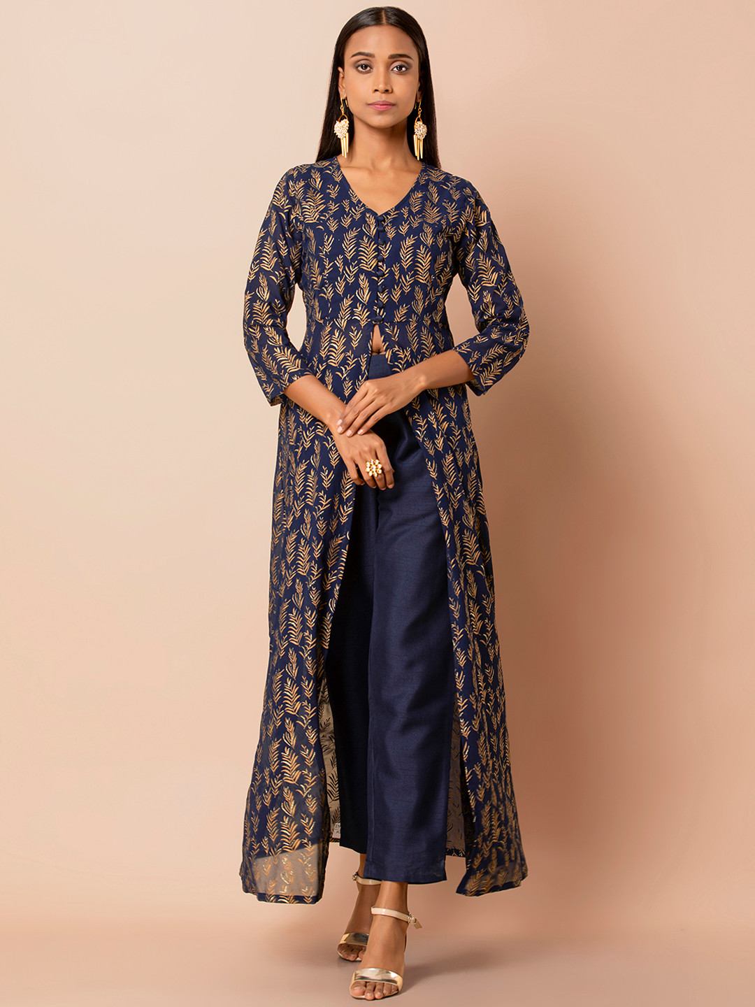 Buy INDYA Women's Navy Blue & Golden Foil Print High Slit Tunic ...