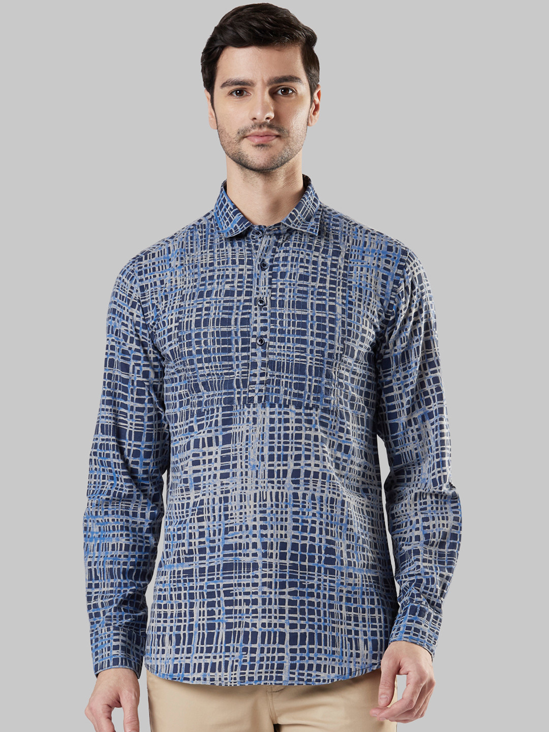 Buy Ethnix By Raymond Men Blue Checked Straight Kurta - Kurtas for Men ...