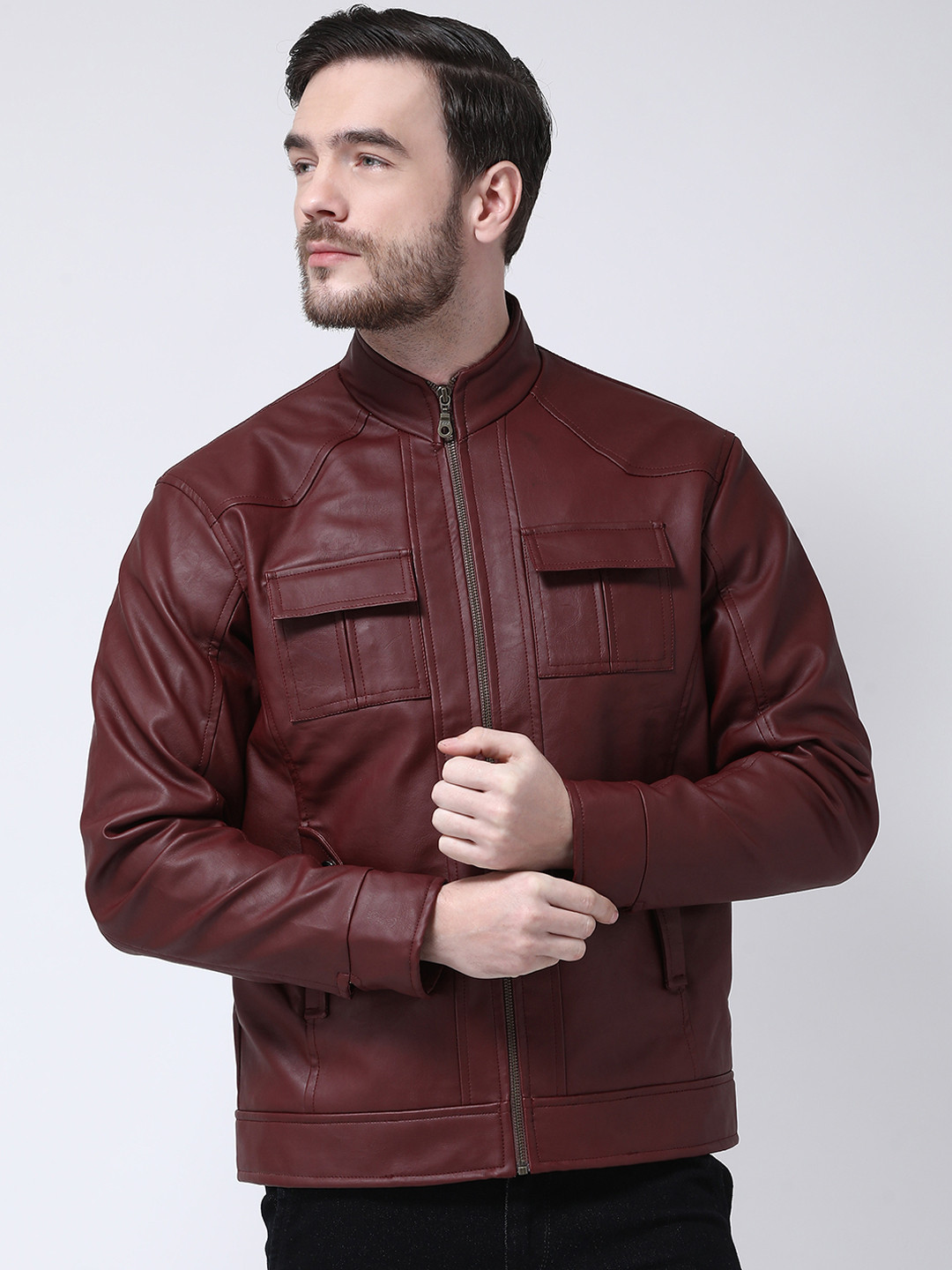 Buy COBB Men Maroon Solid Lightweight Leather Jacket - Jackets for Men ...