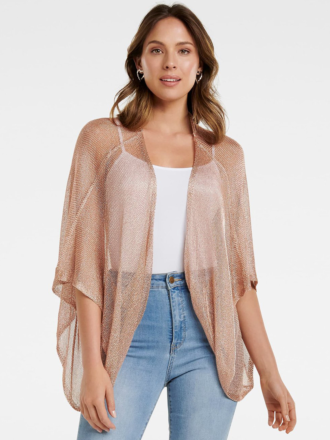 Buy Forever New Women Beige Solid Sheer Shimmer Effect Open Front Shrug ...