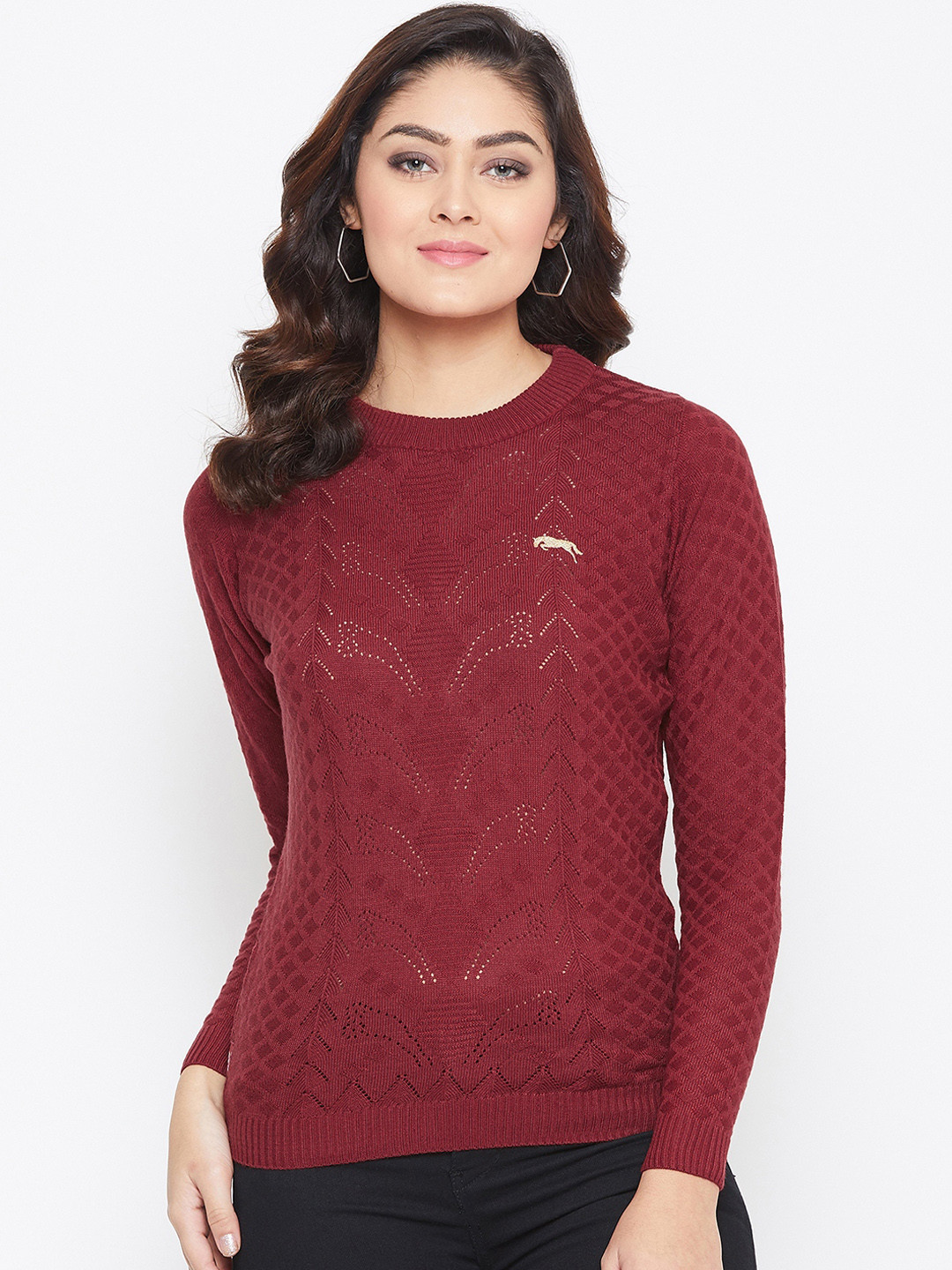 Buy JUMP USA Women Maroon Self Design Acrylic Pullover Sweater ...