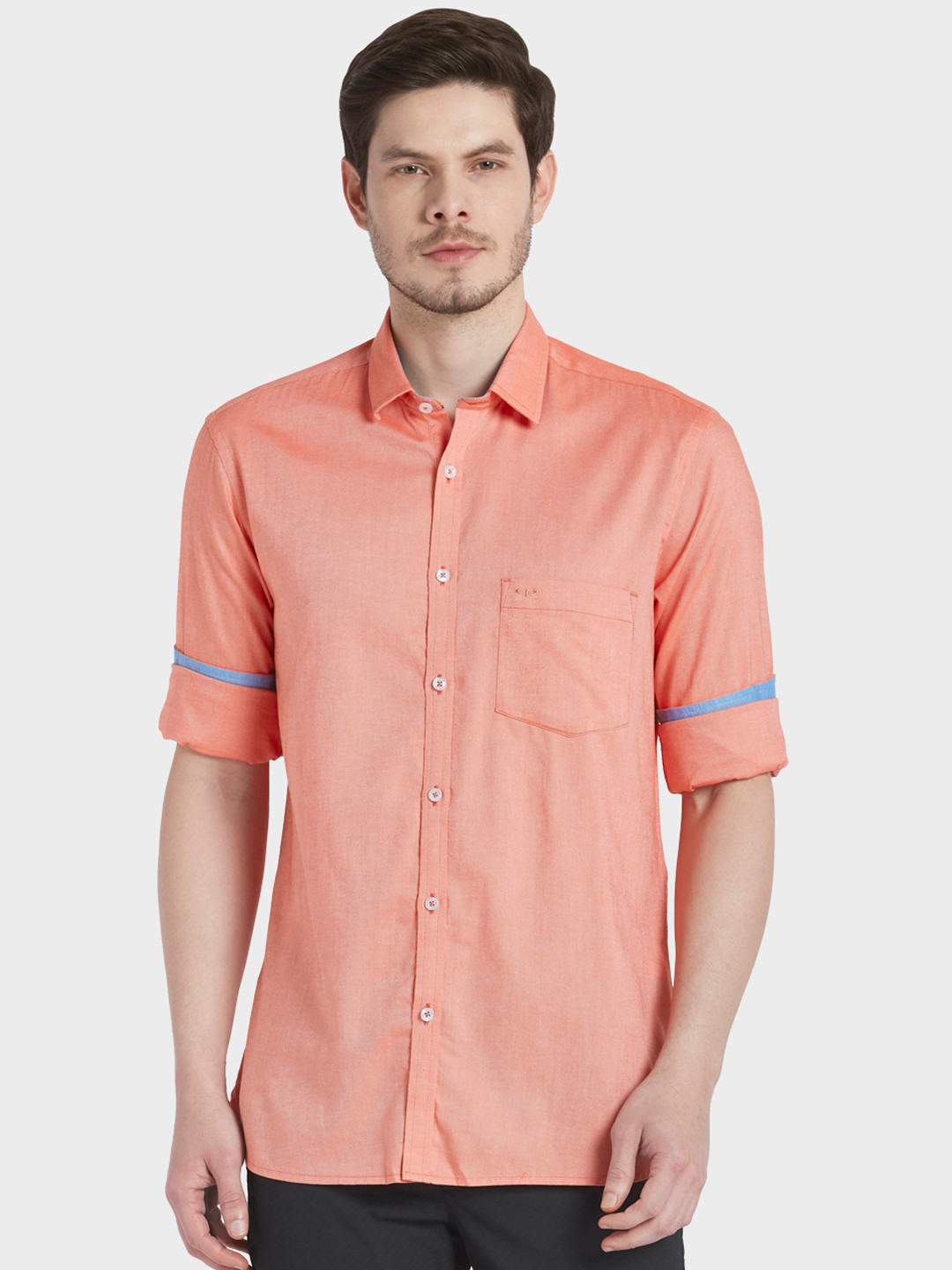 Buy ColorPlus Men Peach Coloured Tailored Fit Solid Casual Shirt ...