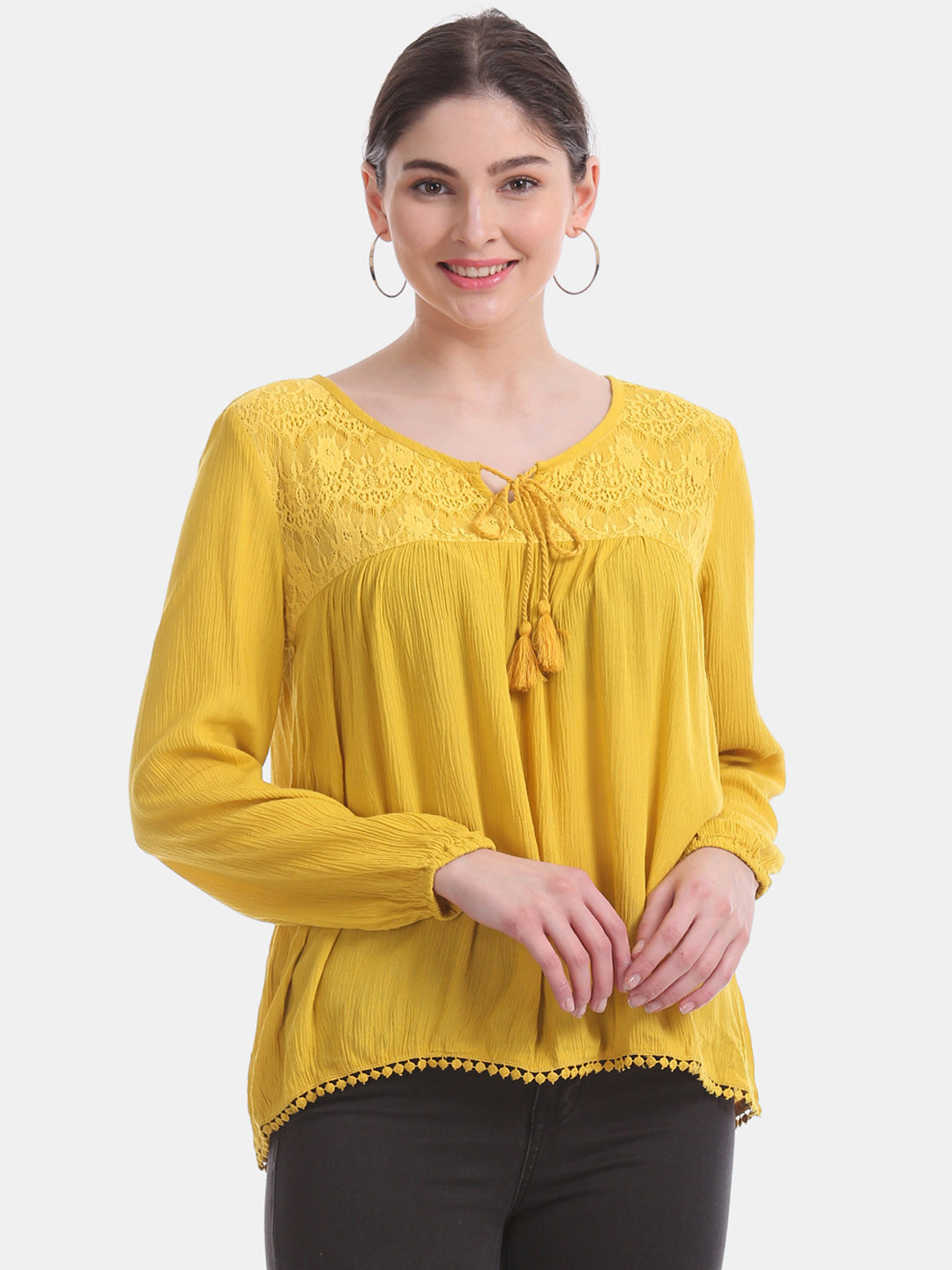 Buy Aeropostale Women Mustard Yellow Self Design A Line Top - Tops for ...