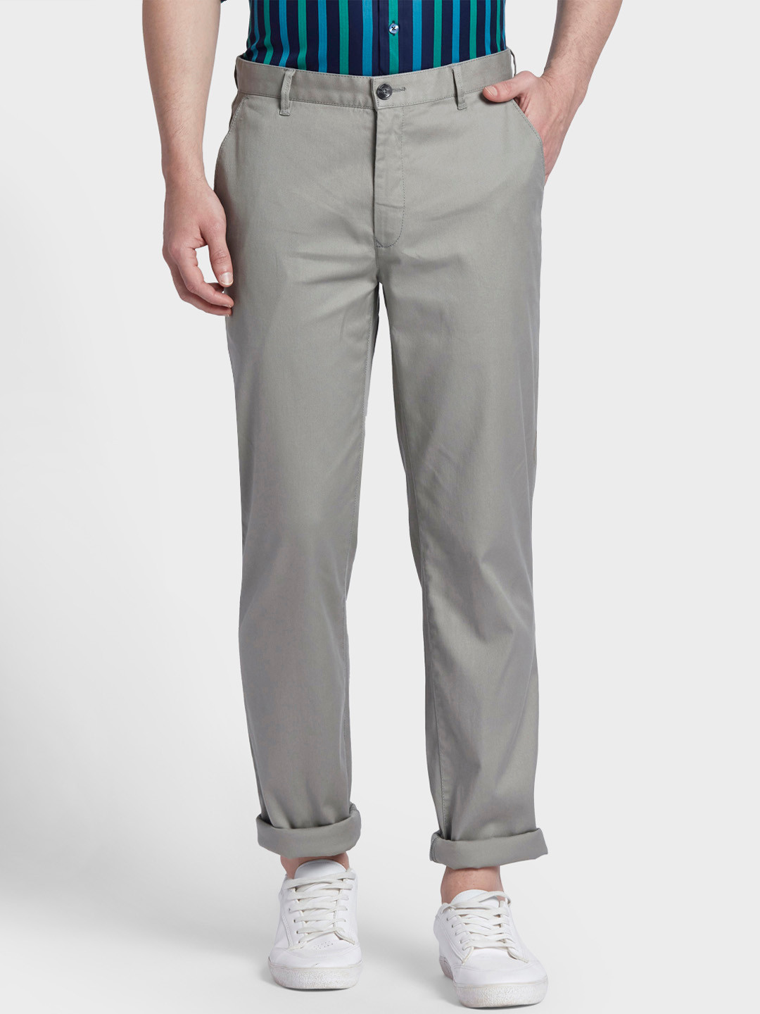 Buy ColorPlus Men Grey Tapered Fit Solid Regular Trousers - Trousers ...