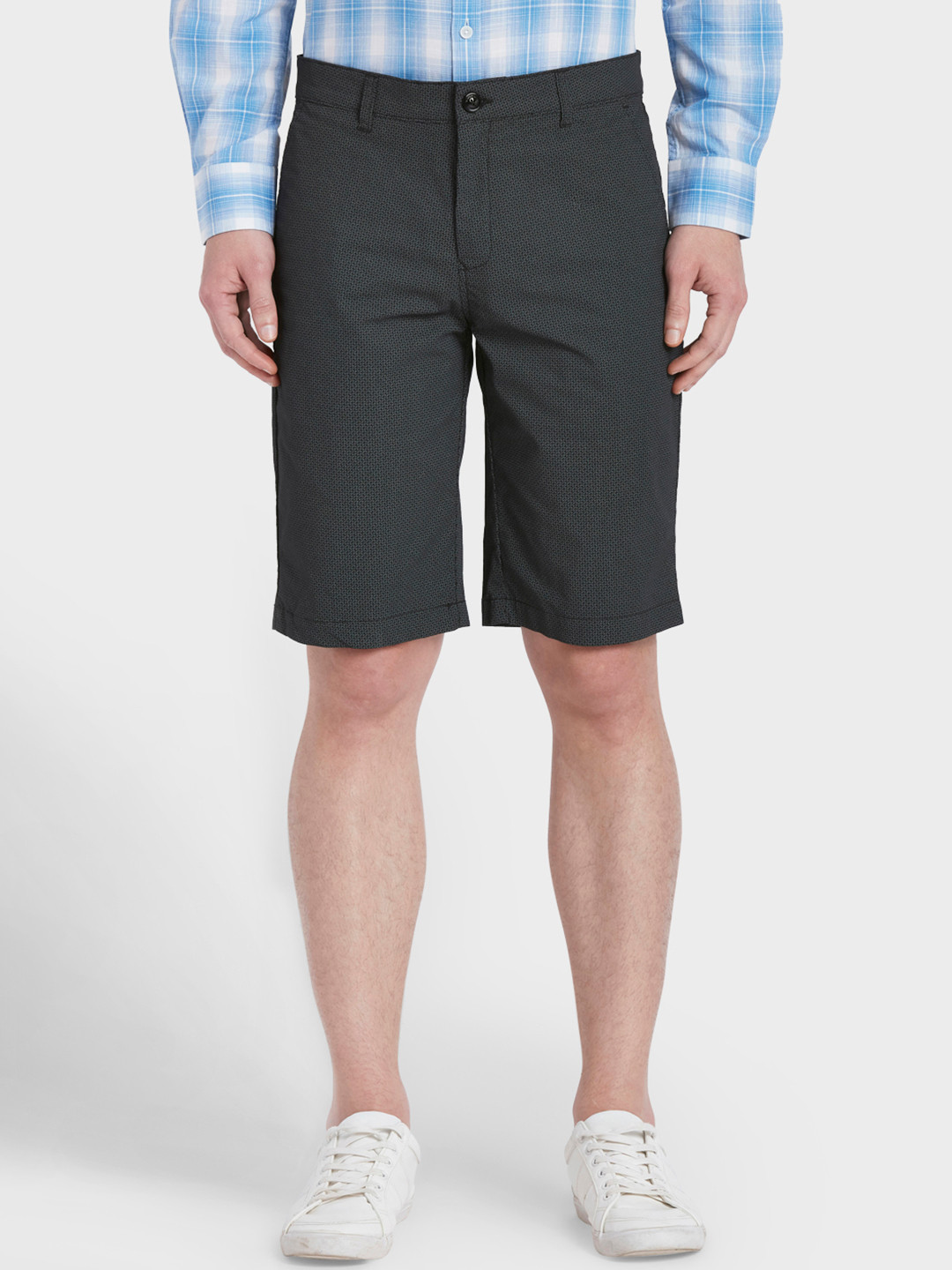 Buy ColorPlus Men Grey & Black Self Design Regular Fit Regular Shorts ...